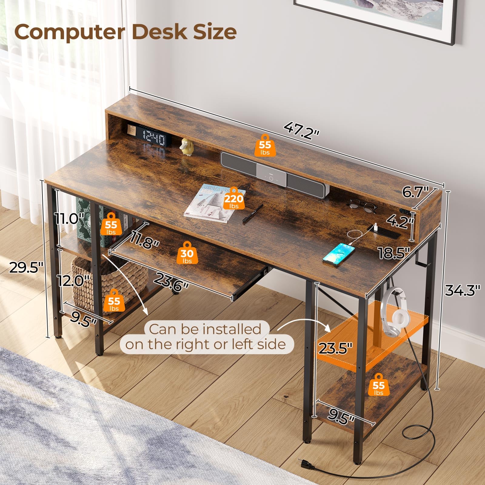 Rolanstar Computer Desk 47 inch with LED Lights & Power Outlets, Gaming Desk with Storage Shelves, Home Office Desk with Keyboard Tray, Writing Desk with Monitor Stand, Work Desk, Rustic Brown