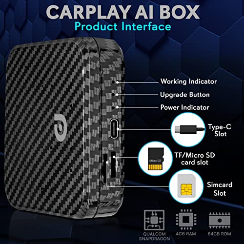 PyleUsa Wireless CarPlay Android Auto Multimedia Video Box,4GB RAM 64GB ROM,2.4GHz,5GHz Dual Band WiFi BT,Octa Core 64Bit,4K Full HD,H.265,USB3.0 Android Box,Screen Mirroring, Install Android Apps