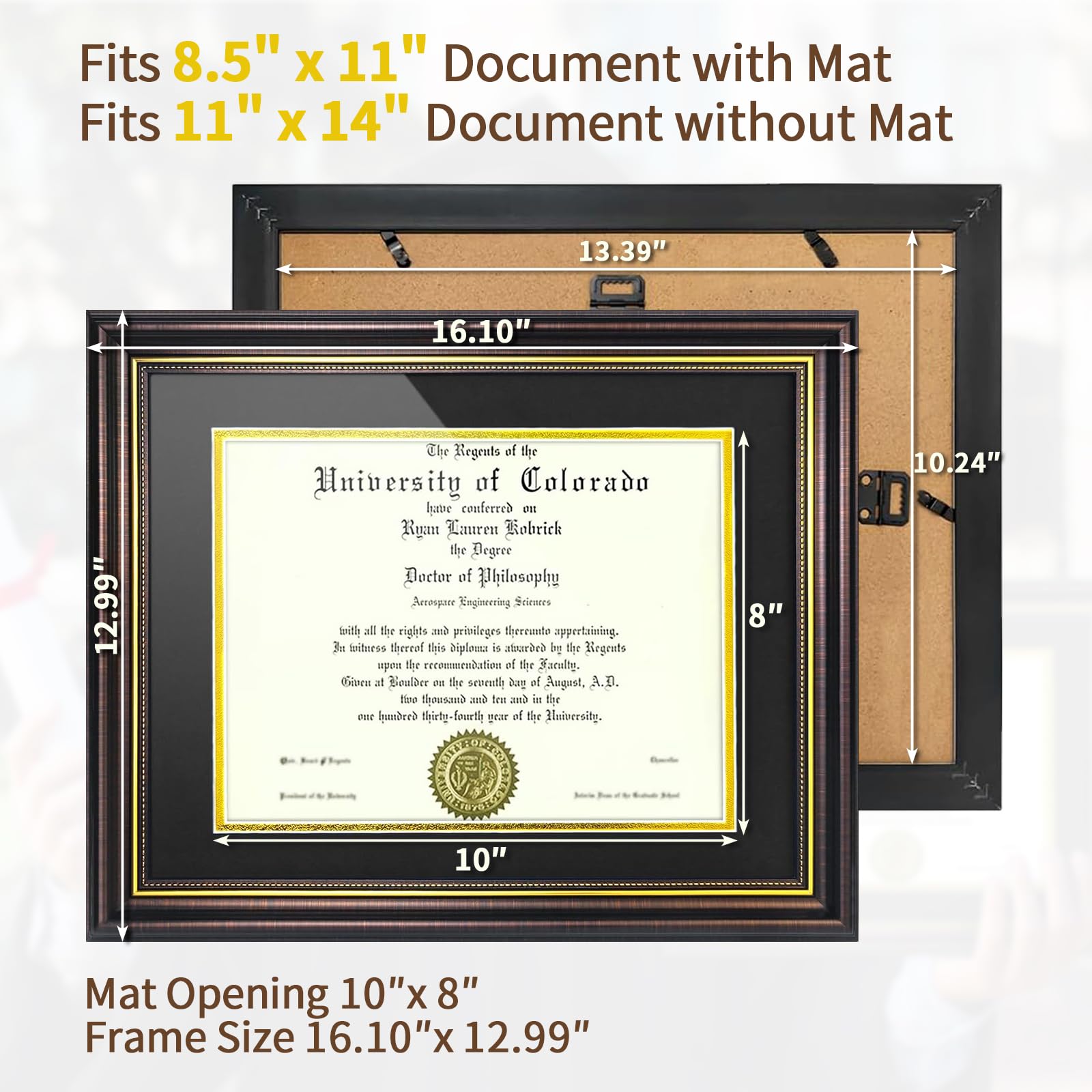 ASmileIndeep Diploma Frame 8.5 x 11 Degree Frame with Black Over Gold Mat,11x14 Diploma Frame for Document Degree with HD Plexiglass,Red Brown Finish with Gold Beads for Wall and Tabletop Display