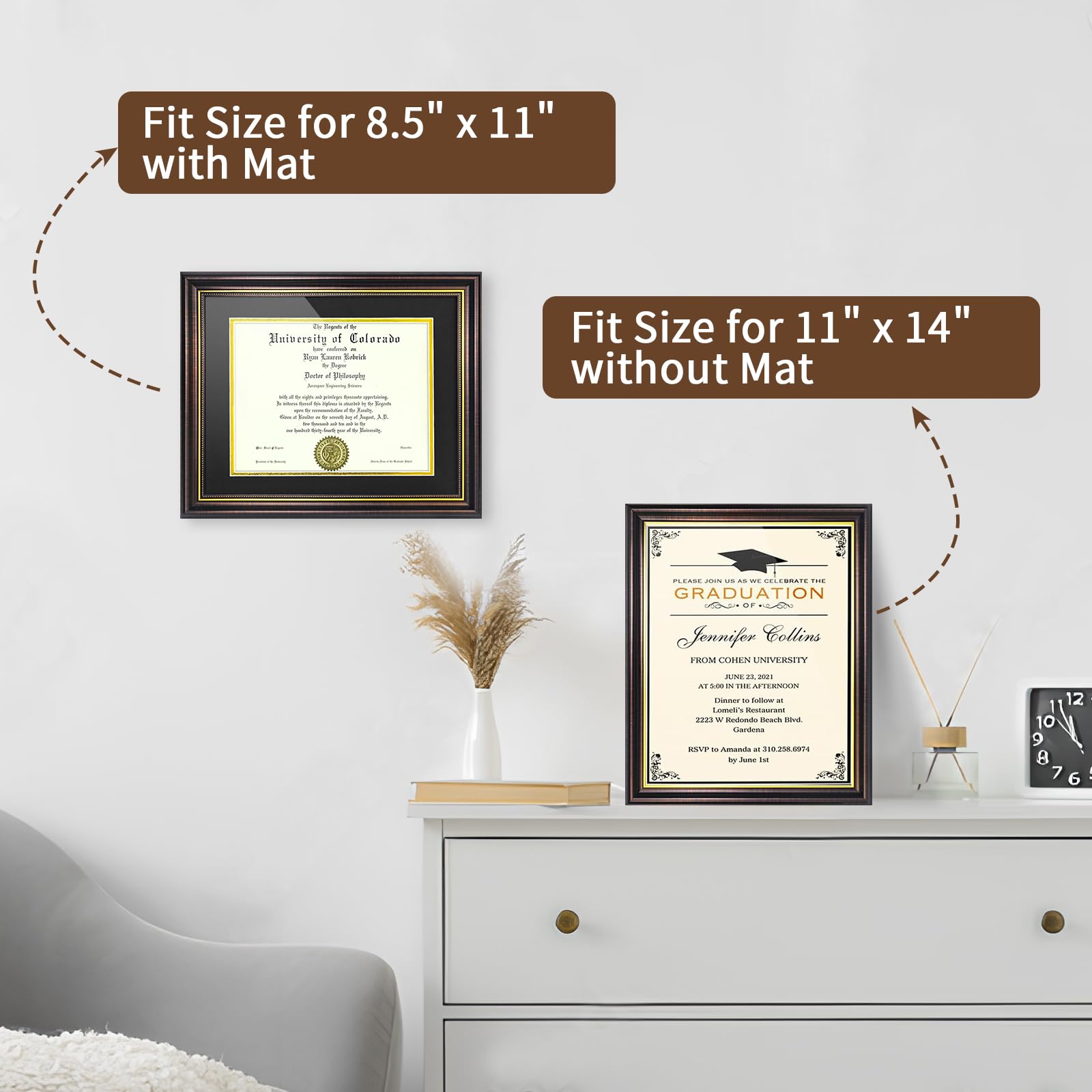 ASmileIndeep Diploma Frame 8.5 x 11 Degree Frame with Black Over Gold Mat,11x14 Diploma Frame for Document Degree with HD Plexiglass,Red Brown Finish with Gold Beads for Wall and Tabletop Display