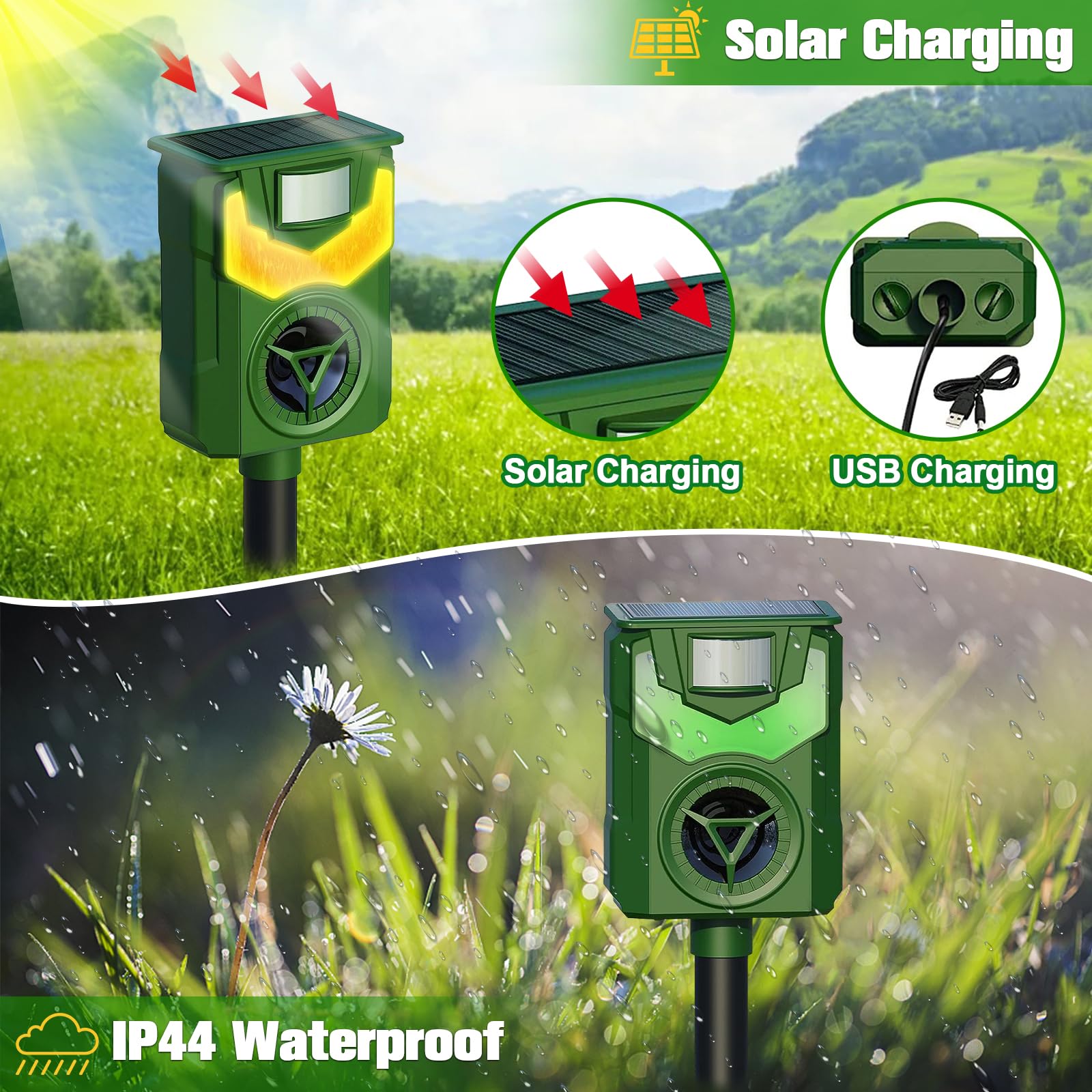 Ultrasonic Animal Repeller, 2023 New Solar Powered Cat Repellent Outdoor with Flame Light Flicker, 5 Modes Waterproof Dog Deterrent Repel Dogs,Cat, Bird,Squirrels,Raccoon,Rabbit,Fox for Garden Yard
