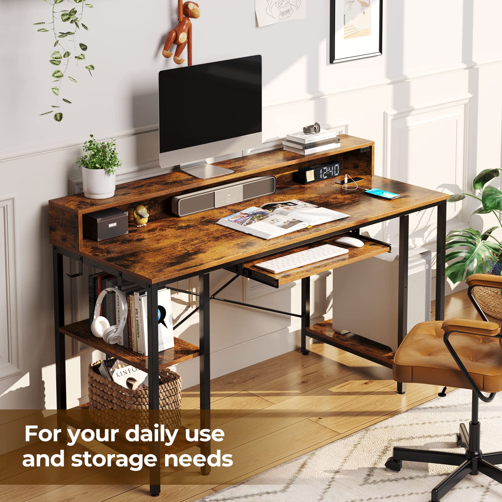Rolanstar Computer Desk 47 inch with LED Lights & Power Outlets, Gaming Desk with Storage Shelves, Home Office Desk with Keyboard Tray, Writing Desk with Monitor Stand, Work Desk, Rustic Brown
