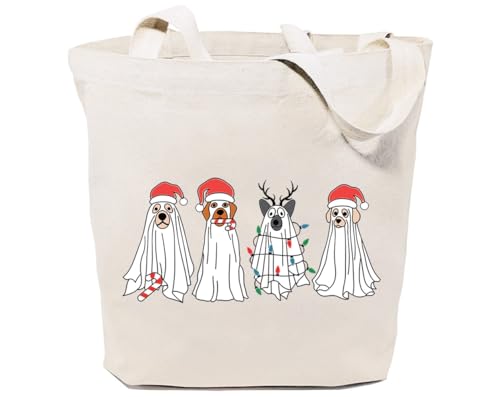 GXVUIS Christmas Ghost Dog Canvas Tote Bag for Women Aesthetic Party Reusable Grocery Shoulder Shopping Bags Dogs Mom Gift White