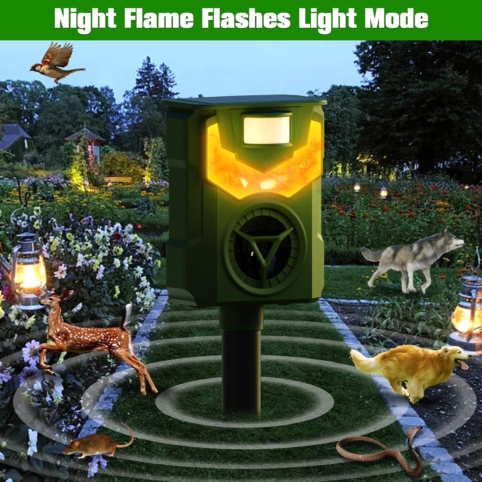 Ultrasonic Animal Repeller, 2023 New Solar Powered Cat Repellent Outdoor with Flame Light Flicker, 5 Modes Waterproof Dog Deterrent Repel Dogs,Cat, Bird,Squirrels,Raccoon,Rabbit,Fox for Garden Yard