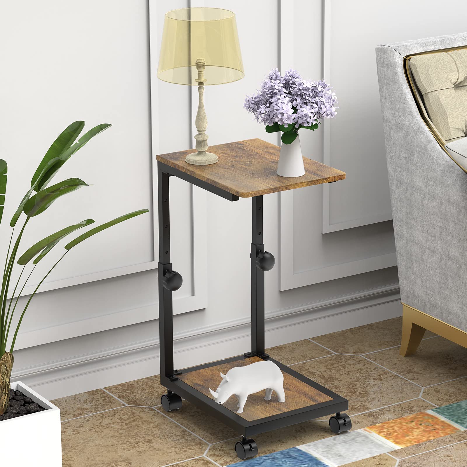 NATFAIRY C Shaped End Table with Rolling Wheels, Height Adjustable Sofa Side Table for Small Space Bedroom, Industrial TV Tray Couch Table Cart for Living Room, Retro Brown & Black