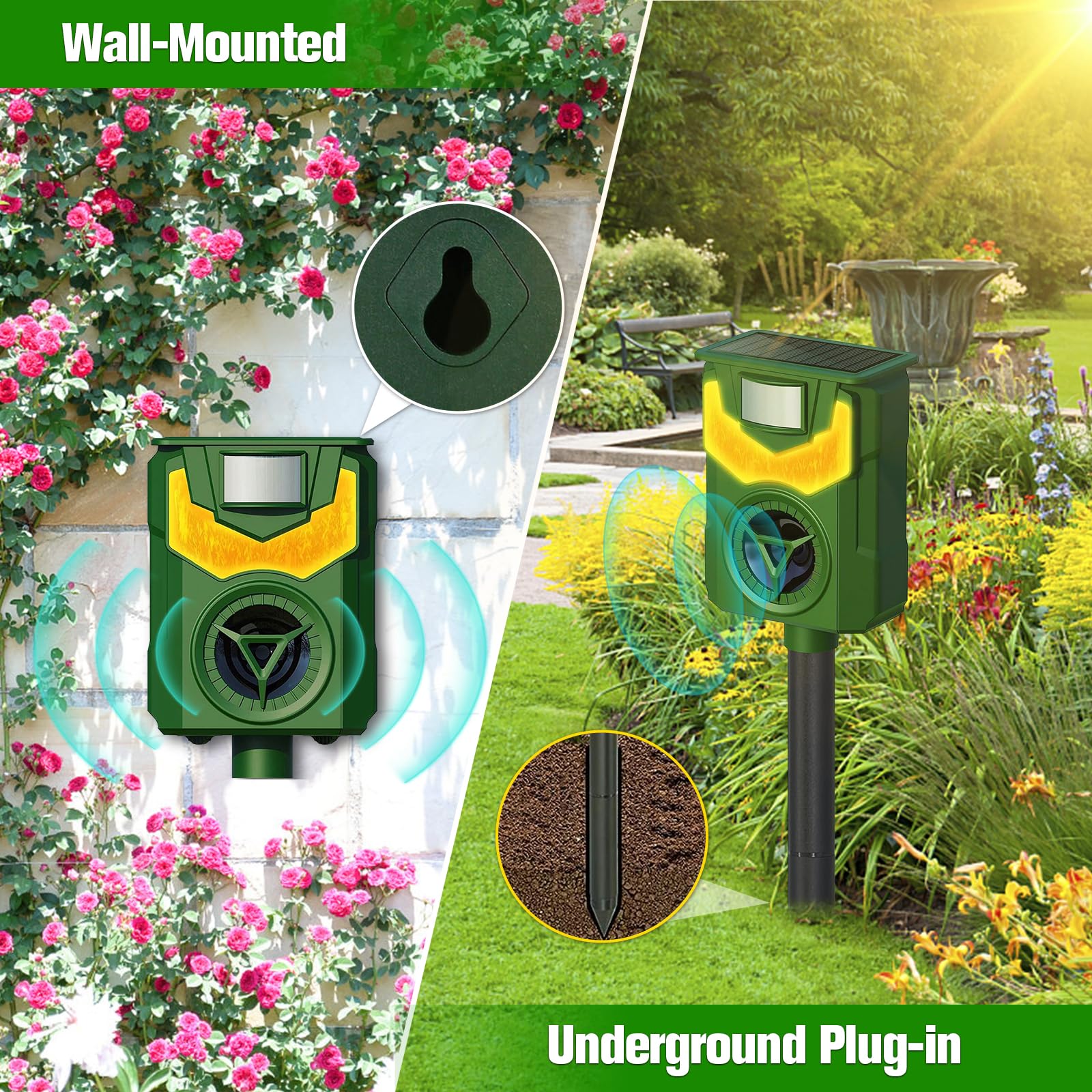 Ultrasonic Animal Repeller, 2023 New Solar Powered Cat Repellent Outdoor with Flame Light Flicker, 5 Modes Waterproof Dog Deterrent Repel Dogs,Cat, Bird,Squirrels,Raccoon,Rabbit,Fox for Garden Yard