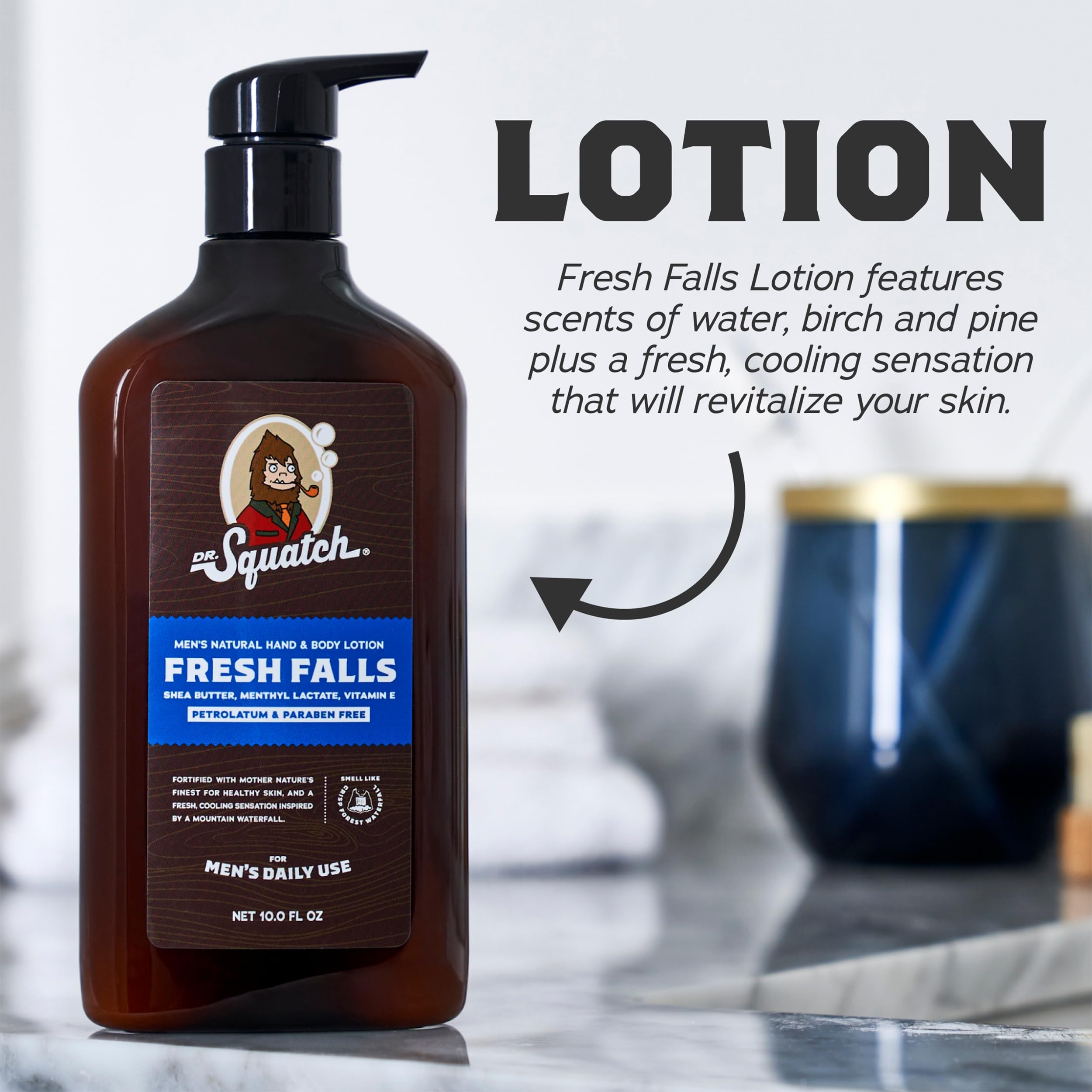 Dr. Squatch Men's Non-Greasy Natural Lotion - 24-hour moisturization hand and body lotion - Made with Shea Butter, Coconut Oil, and Vitamin E - Pine Tar, Fresh Falls (2 Pack)