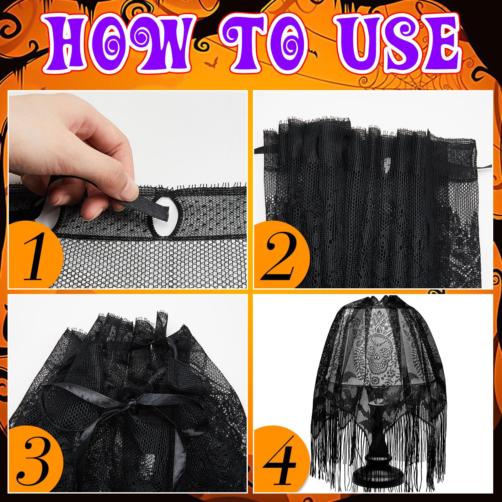 Baquler 4 Pcs Halloween Lamp Shade Cover Black Lace Lampshades Bat Skull Decorations for Halloween Party Supplies