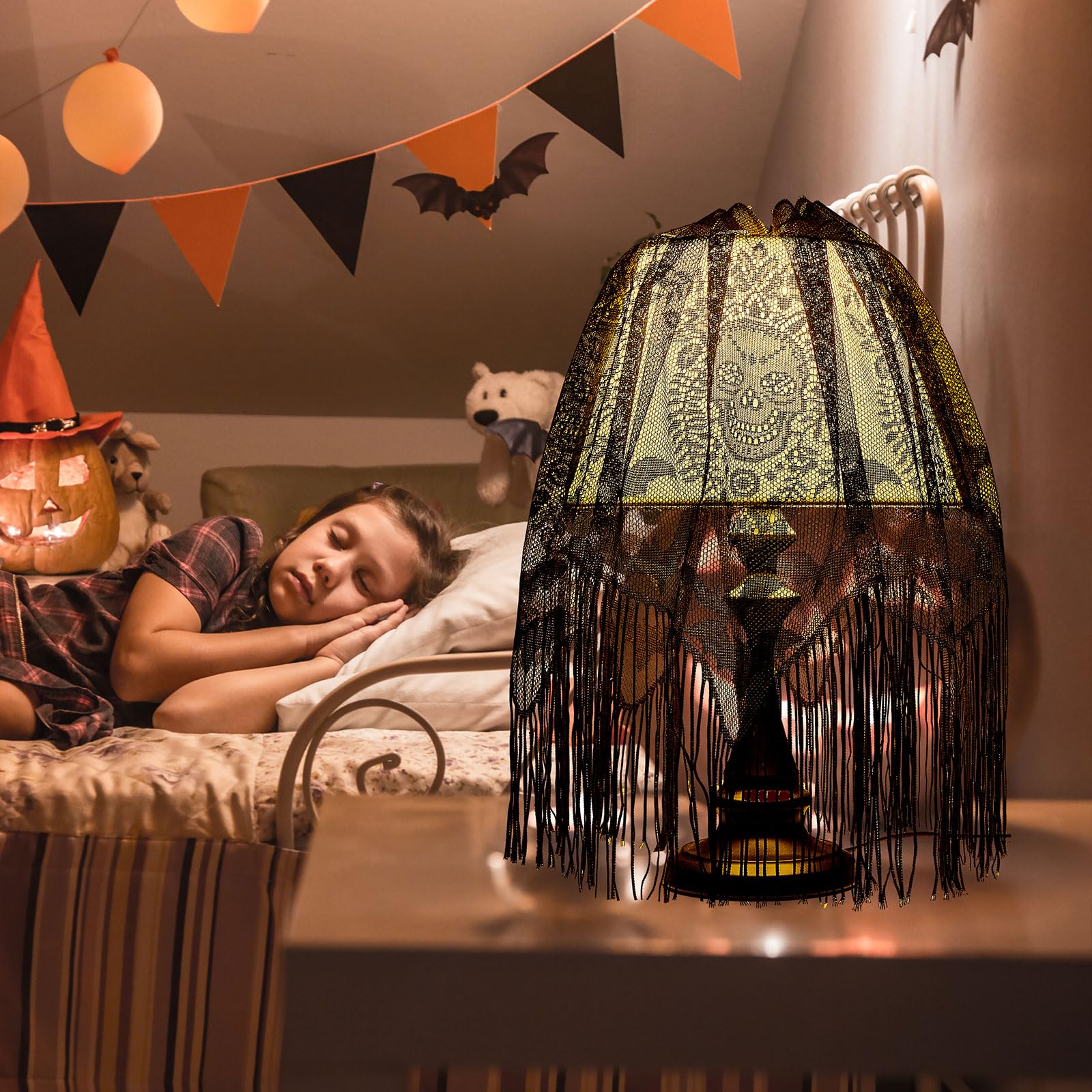 Baquler 4 Pcs Halloween Lamp Shade Cover Black Lace Lampshades Bat Skull Decorations for Halloween Party Supplies
