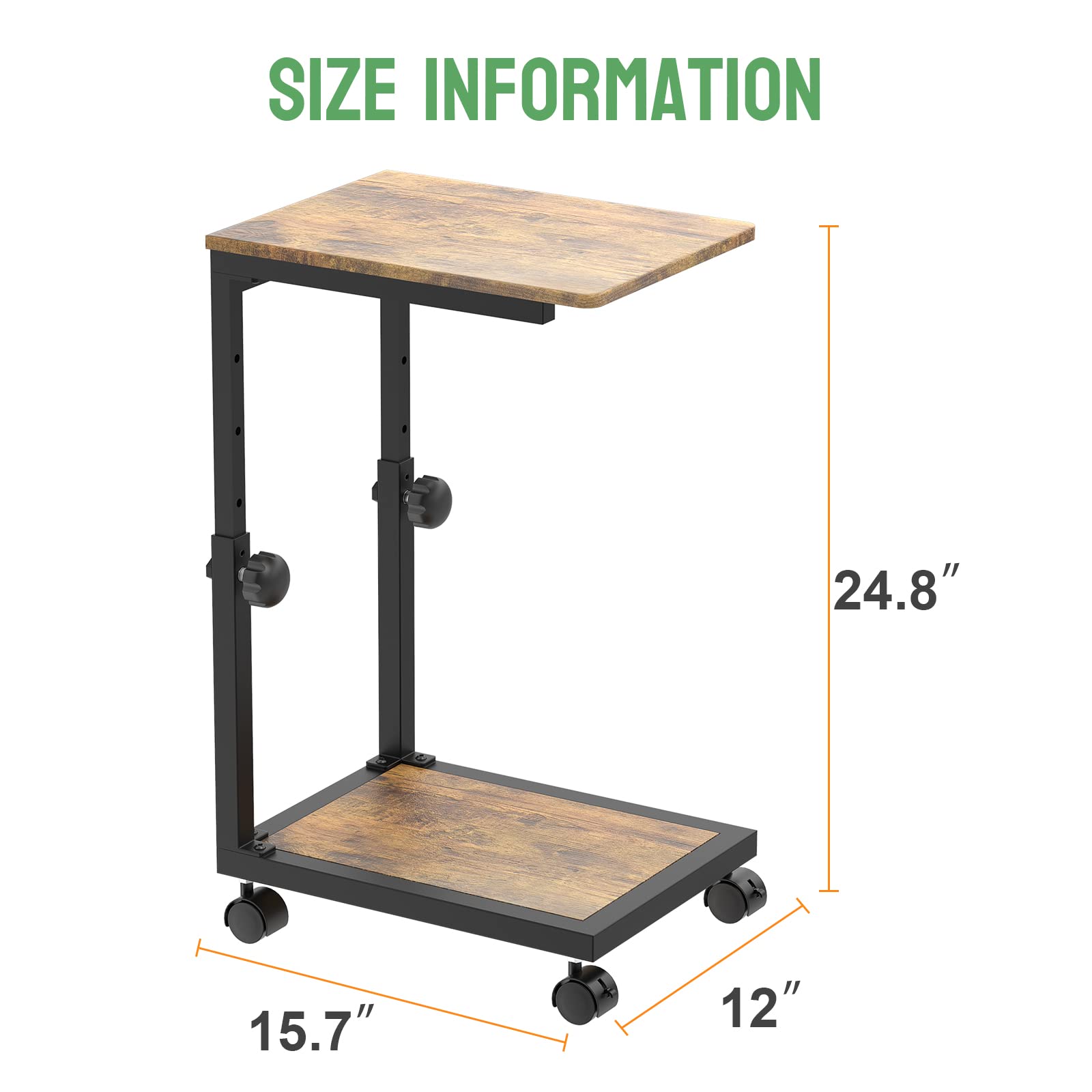 NATFAIRY C Shaped End Table with Rolling Wheels, Height Adjustable Sofa Side Table for Small Space Bedroom, Industrial TV Tray Couch Table Cart for Living Room, Retro Brown & Black