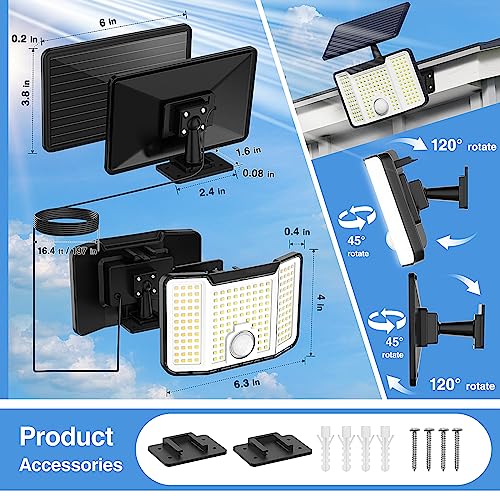 Solar Outdoor Lights,IP65 Waterproof Security Solar Motion Sensor Outdoor Lights, 180 LED Dusk to Dawn Outdoor Lighting for Shed ，Balcony, Patio, Garage, Porch, Garden with 16.5ft Cable(2Pack)