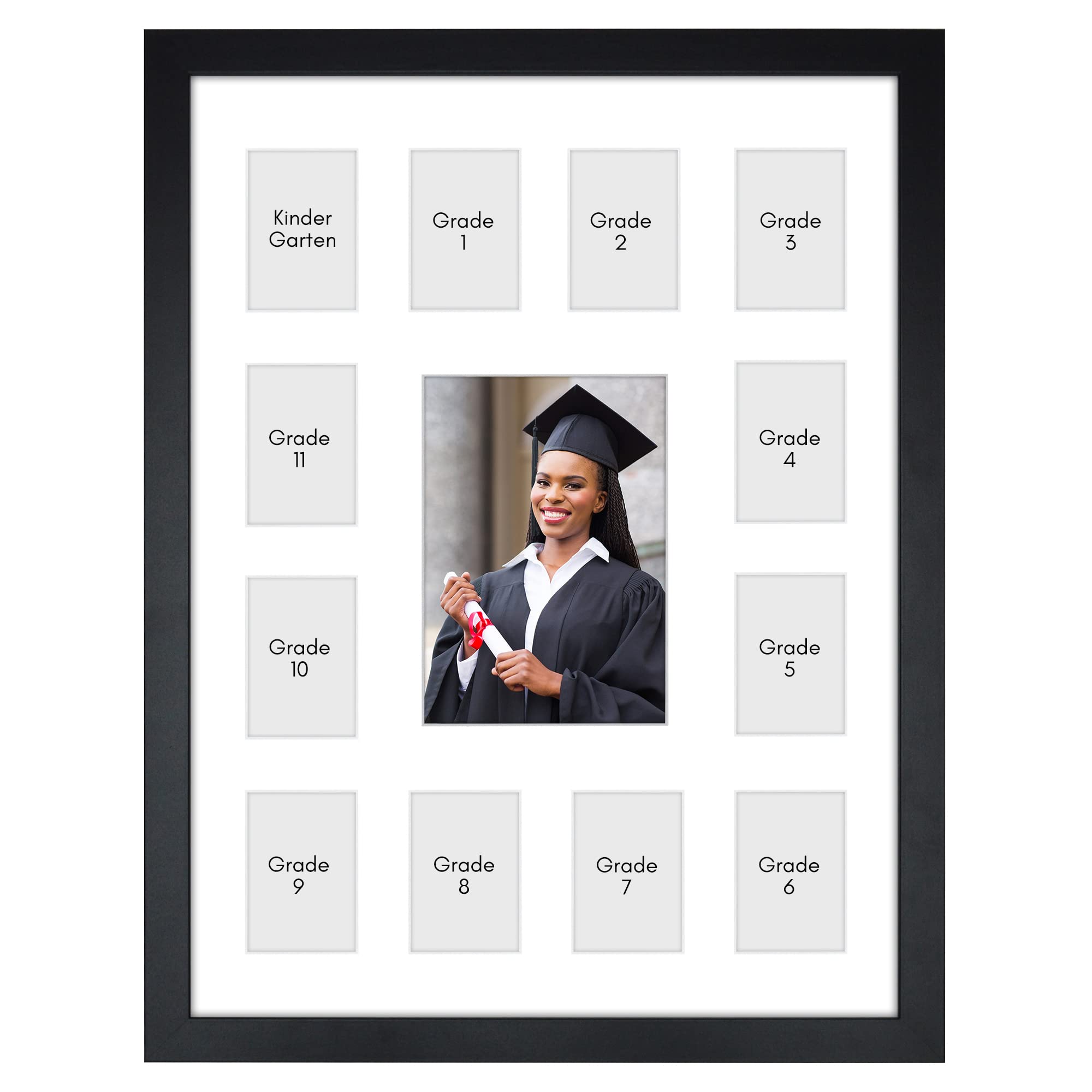 Americanflat 13.5x18 School Picture Frame Pre-K to 12 - Fits Twelve 2.5x3.5 Photos and One 5x7 Picture or Use as One 13.5x18 Frame - Signature Collection - K-12 Picture Frame for Wall Display - Black