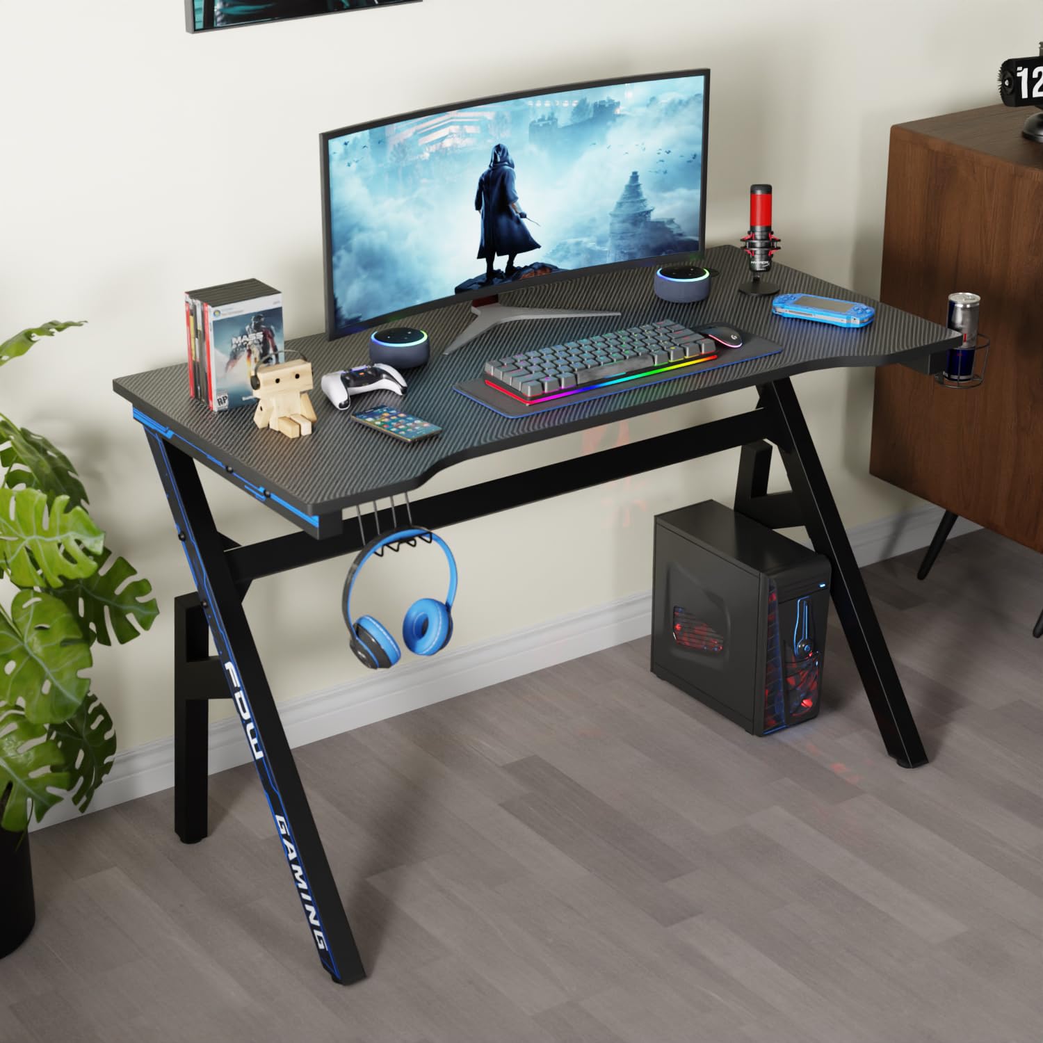 PayLessHere 47 Inch Gaming Desk PC Carbon Fiber Table Ultimate Gamer Workstation with Cup Holder & Headphone Hook for Home Office,Blue (Blue)