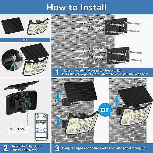 Solar Outdoor Lights,IP65 Waterproof Security Solar Motion Sensor Outdoor Lights, 180 LED Dusk to Dawn Outdoor Lighting for Shed ，Balcony, Patio, Garage, Porch, Garden with 16.5ft Cable(2Pack)