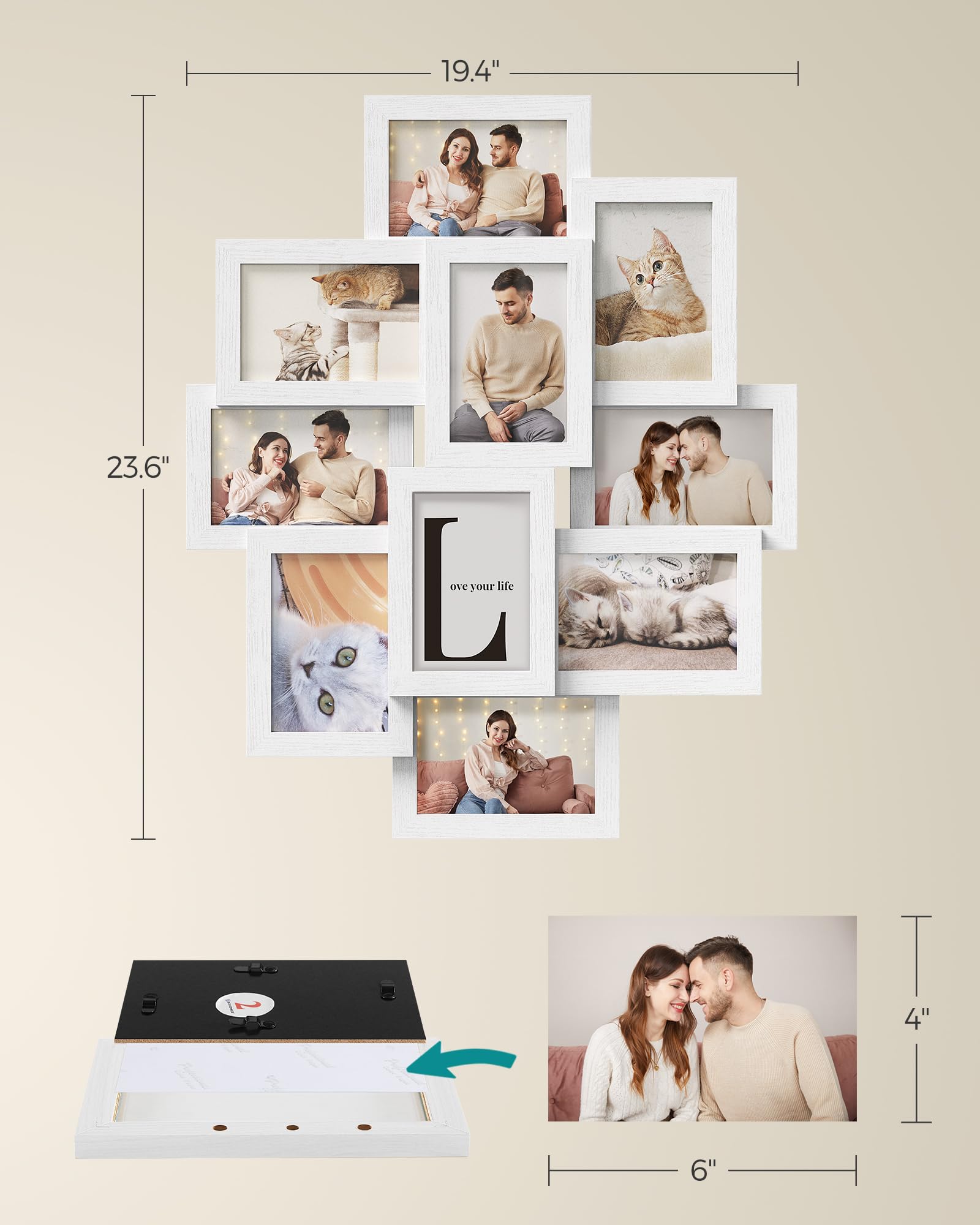 SONGMICS Collage Picture Frames, 4x6 Picture Frames Collage for Wall Decor, 10 Pack Photo Collage Frame for Gallery, Multi Family Picture Frame Set, Glass Front, Assembly Required, Cloud White