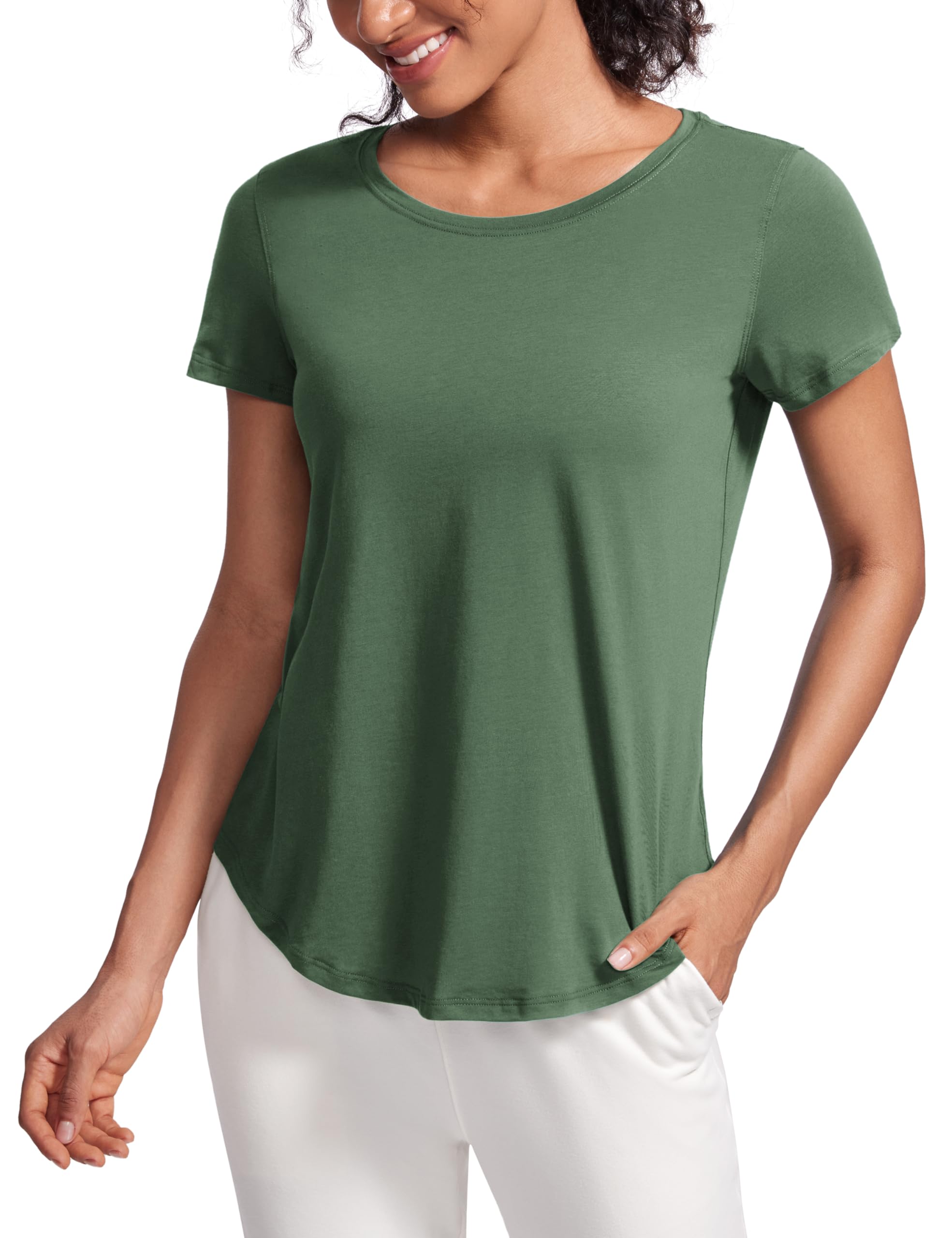 CRZ YOGA Pima Cotton Womens Short Sleeve Shirt Loose Casual Yoga T-Shirt Athletic Workout Tops Nature Green Large