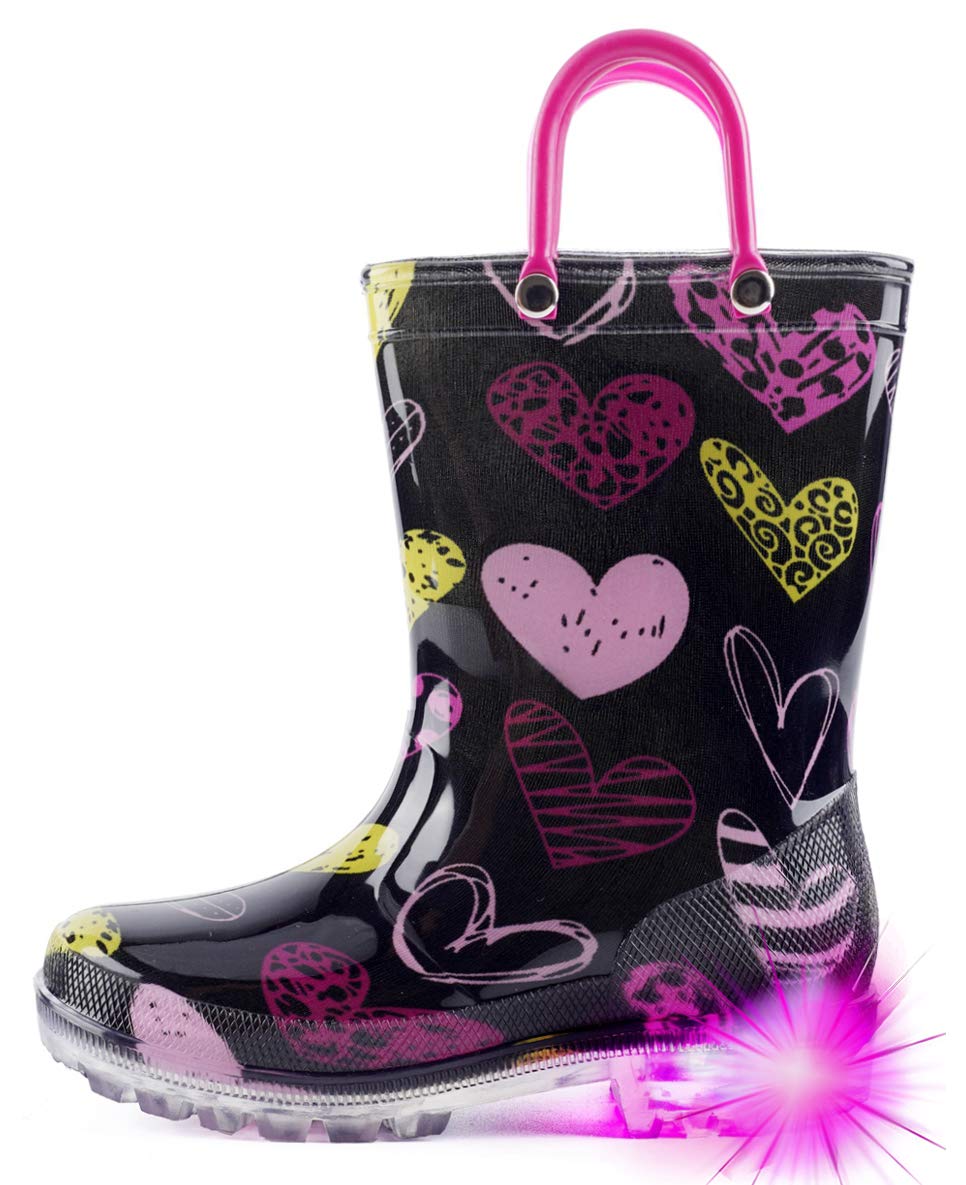 HugRain kids Girls Rain Boots Toddler Light Up Printed Waterproof Shoes Lightweight Adorable Cute Pink Heart Rubber with Easy-On Handles and Insole (Size 3,Black)