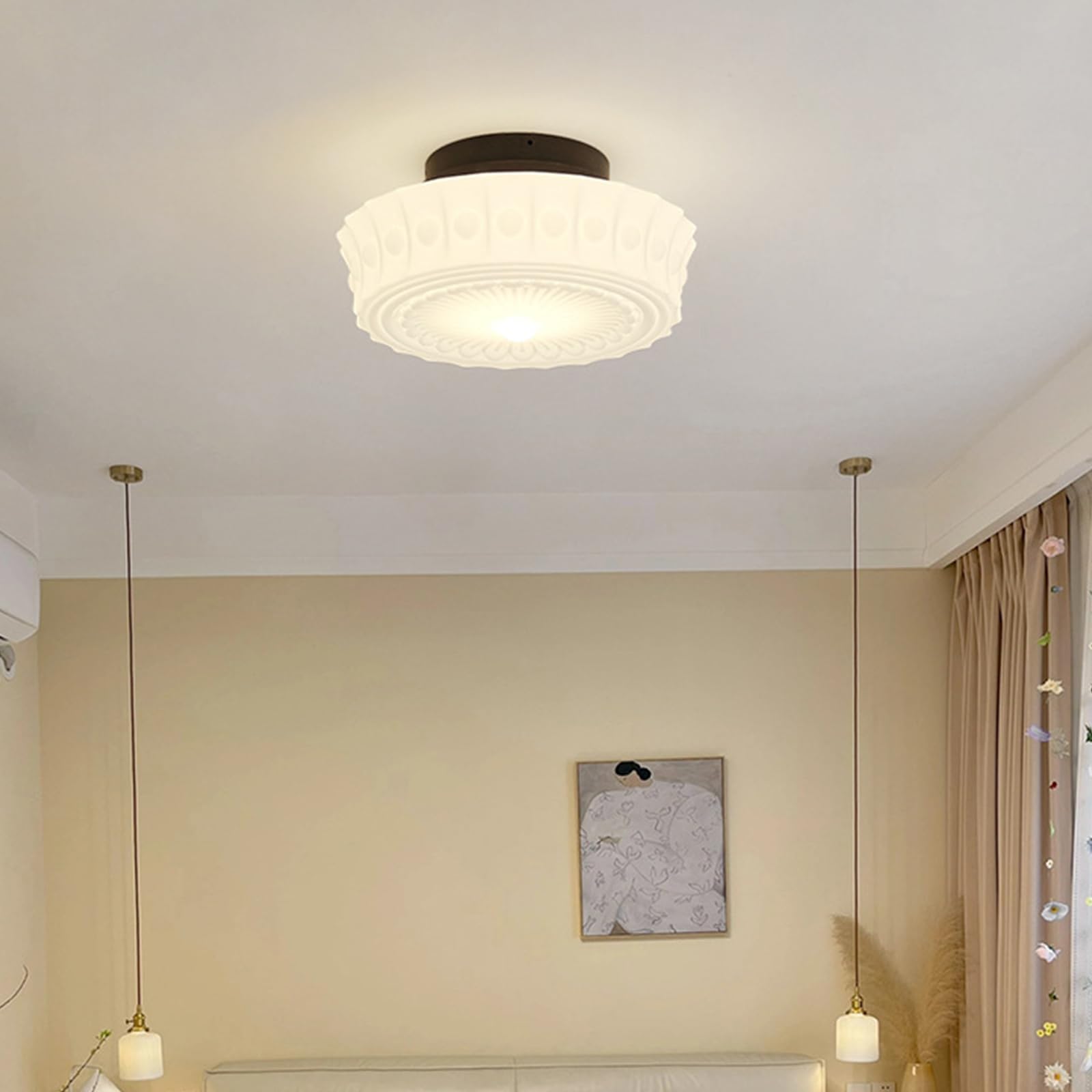 Topjia Vintage Cream Ceiling Light with Glass Lampshade, 3-Light E27 Semi Flush Mount Ceiling Lamp,Hanging Chandelier for Farmhouse Kitchen Hallway Entryway(35x18cm(13.8x7in), Milky White)