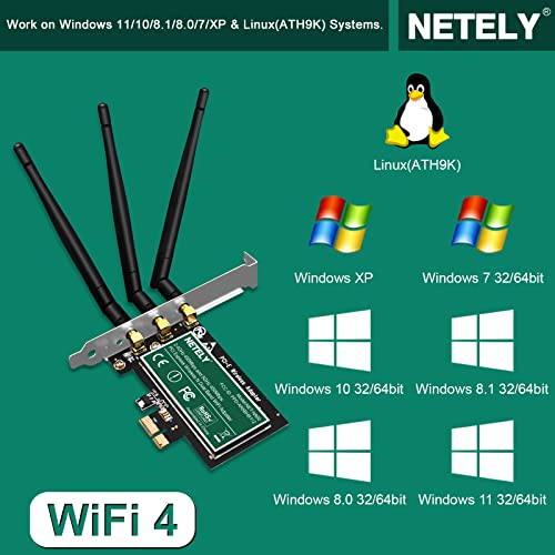 NETELY Wireless Dual Band 900Mbps PCI Express (PCIE) WiFi Adapter for Windows 7, 8.x, 10, 11 32/64bit and Linux Desktop PCs, PCIE WiFi Card, Qualcomm Atheros AR938X Wireless Network Adapter (NET-N900)