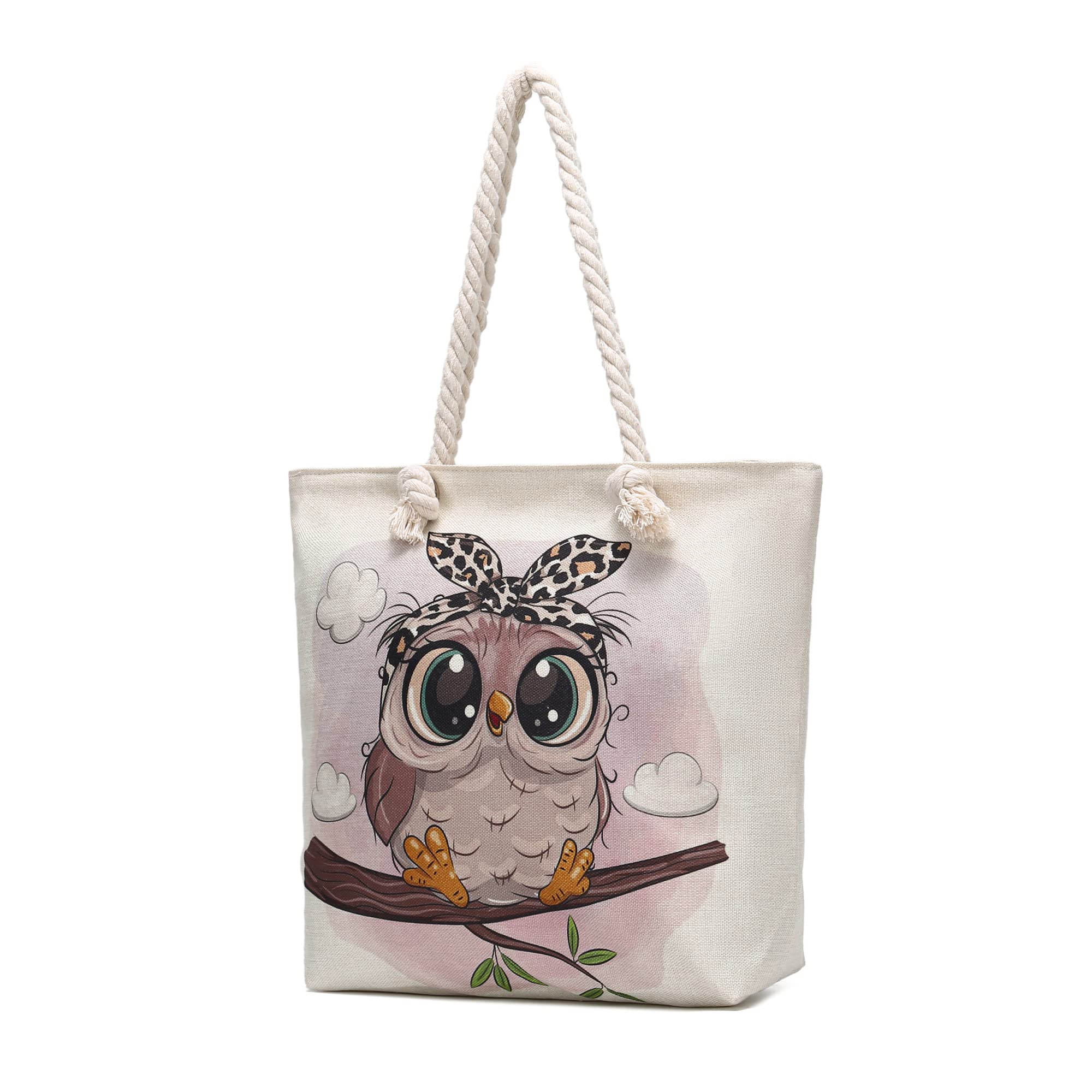 Rope Handle Tote Bags Large Tote Bag with Rope Handles Sturdy Canvas Reusable Grocery Shopping Bags Tote Bag Beach Bag (Cute Owl)