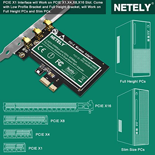 NETELY Wireless Dual Band 900Mbps PCI Express (PCIE) WiFi Adapter for Windows 7, 8.x, 10, 11 32/64bit and Linux Desktop PCs, PCIE WiFi Card, Qualcomm Atheros AR938X Wireless Network Adapter (NET-N900)