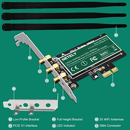 NETELY Wireless Dual Band 900Mbps PCI Express (PCIE) WiFi Adapter for Windows 7, 8.x, 10, 11 32/64bit and Linux Desktop PCs, PCIE WiFi Card, Qualcomm Atheros AR938X Wireless Network Adapter (NET-N900)