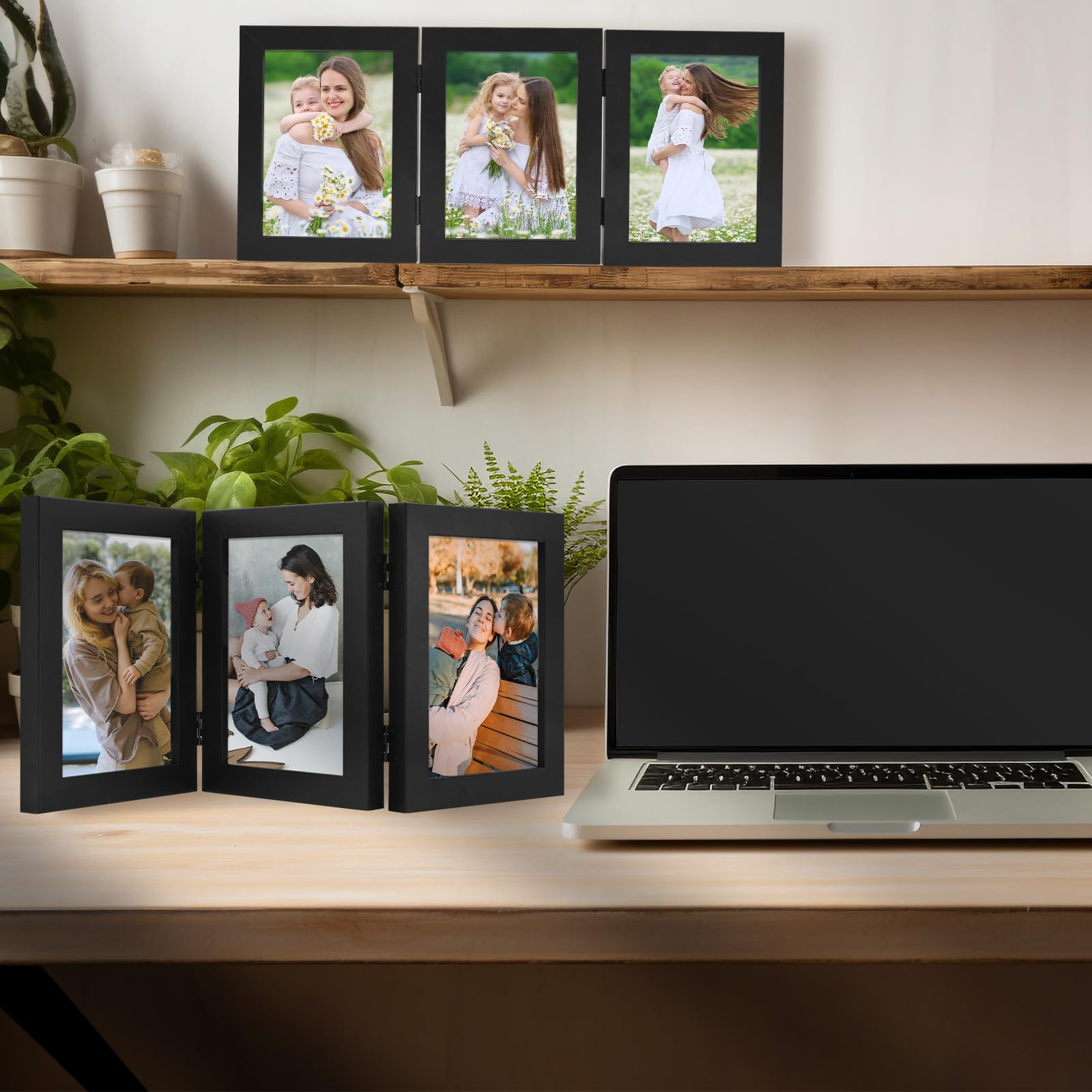 Golden State Art, 5x7 Three Picture Frame Trifold Hinged Photo Frame with 3 Openings, Desk Top Family Picture Collage, with Real Glass (5x7 Triple, Black, 1-Pack)