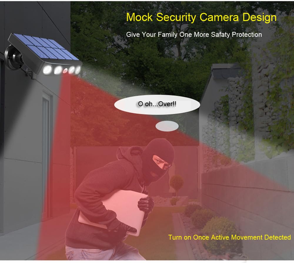 Sam Fuk Solar Outdoor Lights, Motion Sensor Flood & Security Lights with Mock Security Camera Design, 4 Big LED Beads,IP65 Waterproof, and Long-Lasting Battery. (Day Light, 2pack)