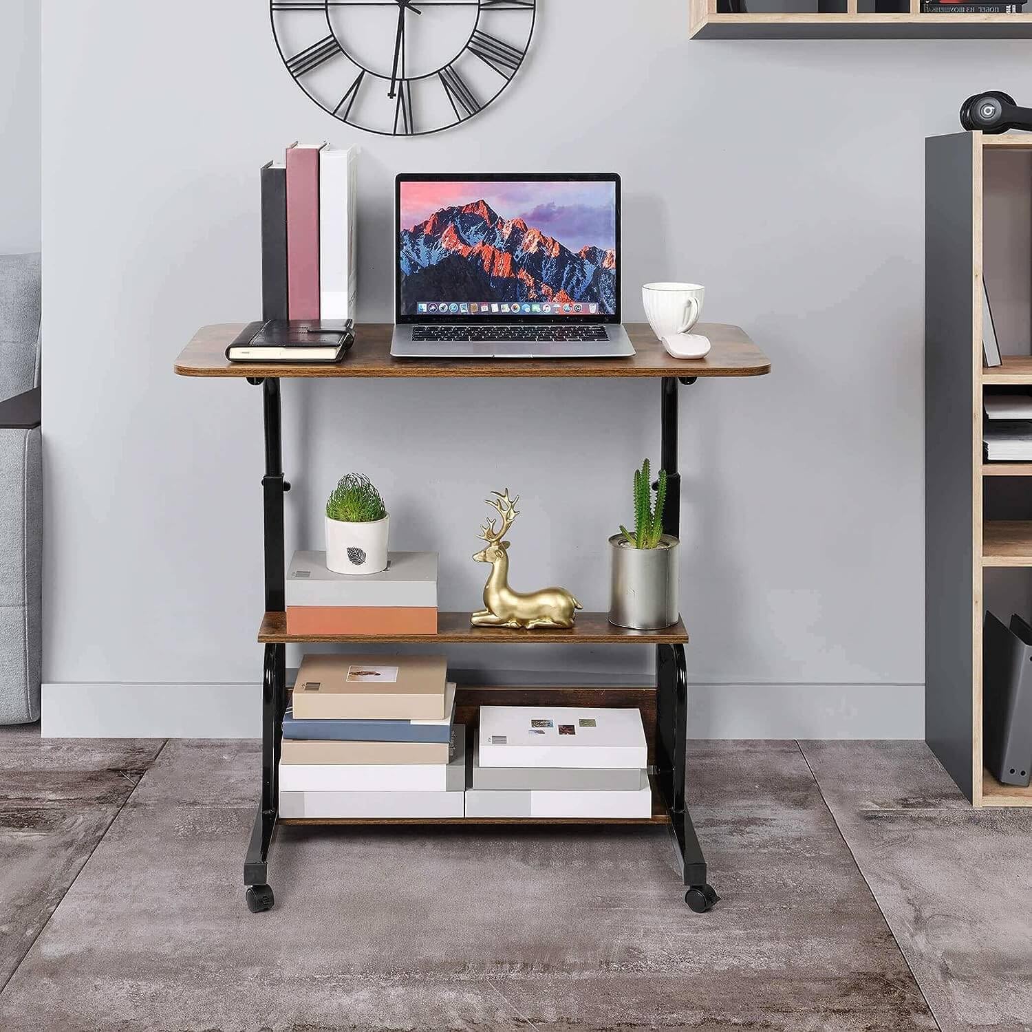 Fuwobriva Adjustable Home Office Computer Desk Writing Desk with Storage Shelves Simple Style Workstation for Home Office Small Spaces Storage Table with Wheels Mobile Convenient Brownish, XY-1