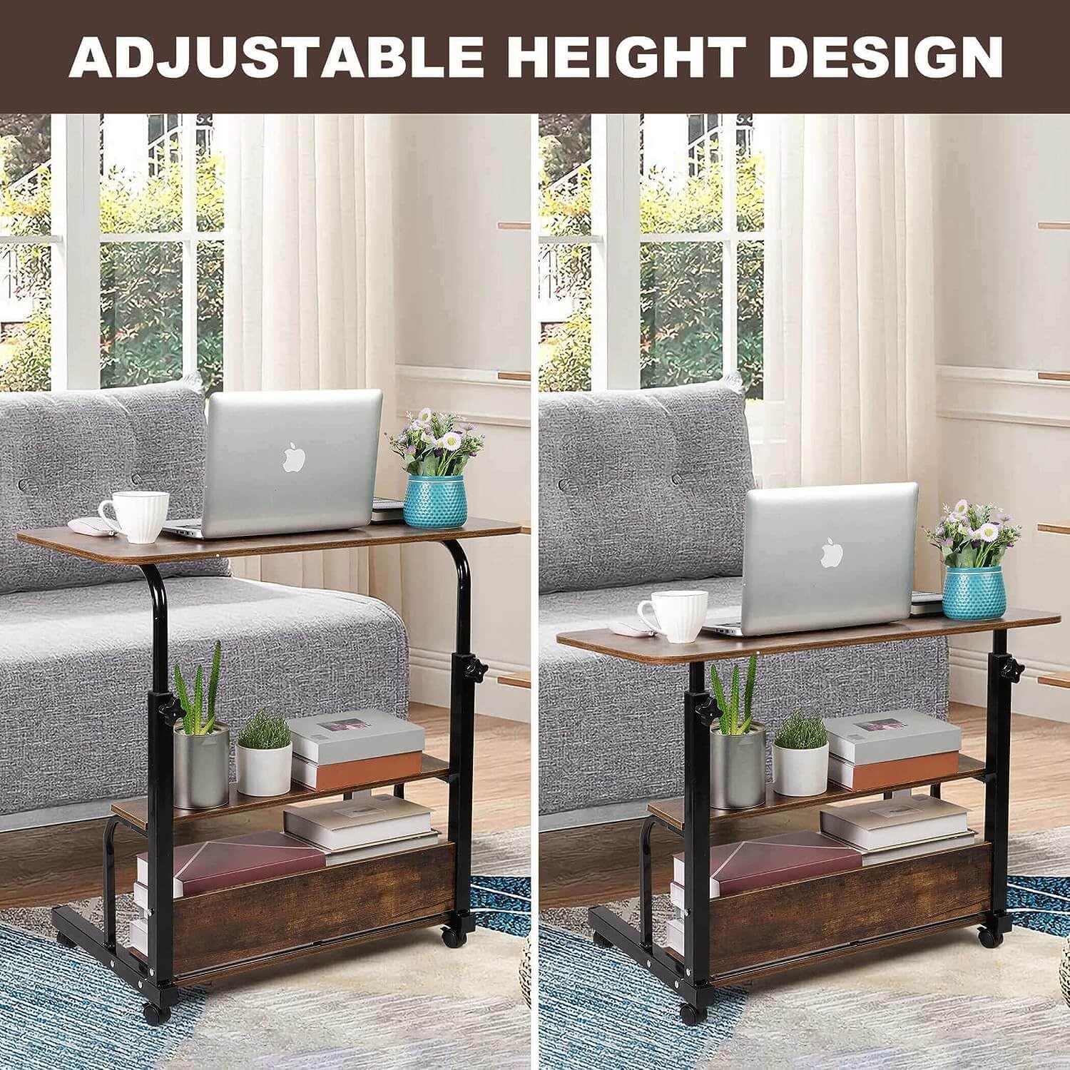 Fuwobriva Adjustable Home Office Computer Desk Writing Desk with Storage Shelves Simple Style Workstation for Home Office Small Spaces Storage Table with Wheels Mobile Convenient Brownish, XY-1