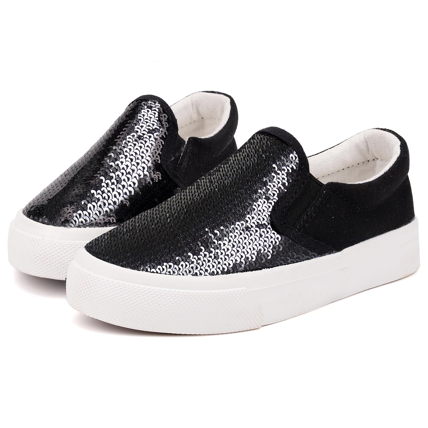 Toandon Girls Boys Kids Sneakers Loafer Shoes Slip On Toddler Sequins Glimmer Glitter Canvas Sparkle Low Top Non Slip Rubber Sole Lightweight Breathable Walking Outdoor Fashion Casual Black Size 2