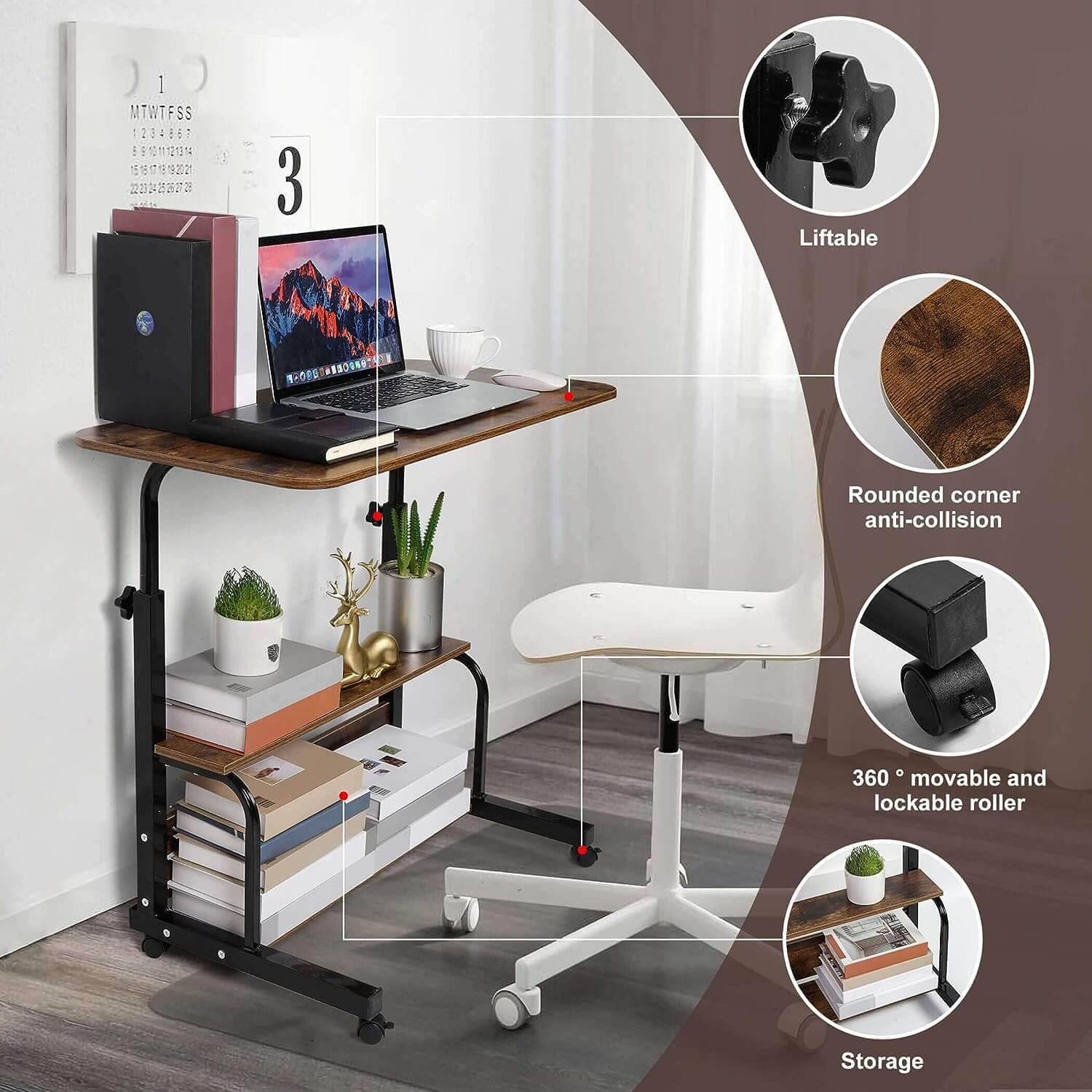 Fuwobriva Adjustable Home Office Computer Desk Writing Desk with Storage Shelves Simple Style Workstation for Home Office Small Spaces Storage Table with Wheels Mobile Convenient Brownish, XY-1