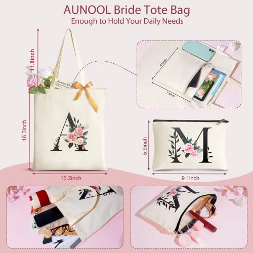 AUNOOL Initial Floral Canvas Tote Bag with 2 Inner Pockets, Personalized Wedding Gift Bag for Women Teacher Bridesmaid Flower, Reusable Shopping Bag for Groceries, Cosmetic Makeup Bag Letter A
