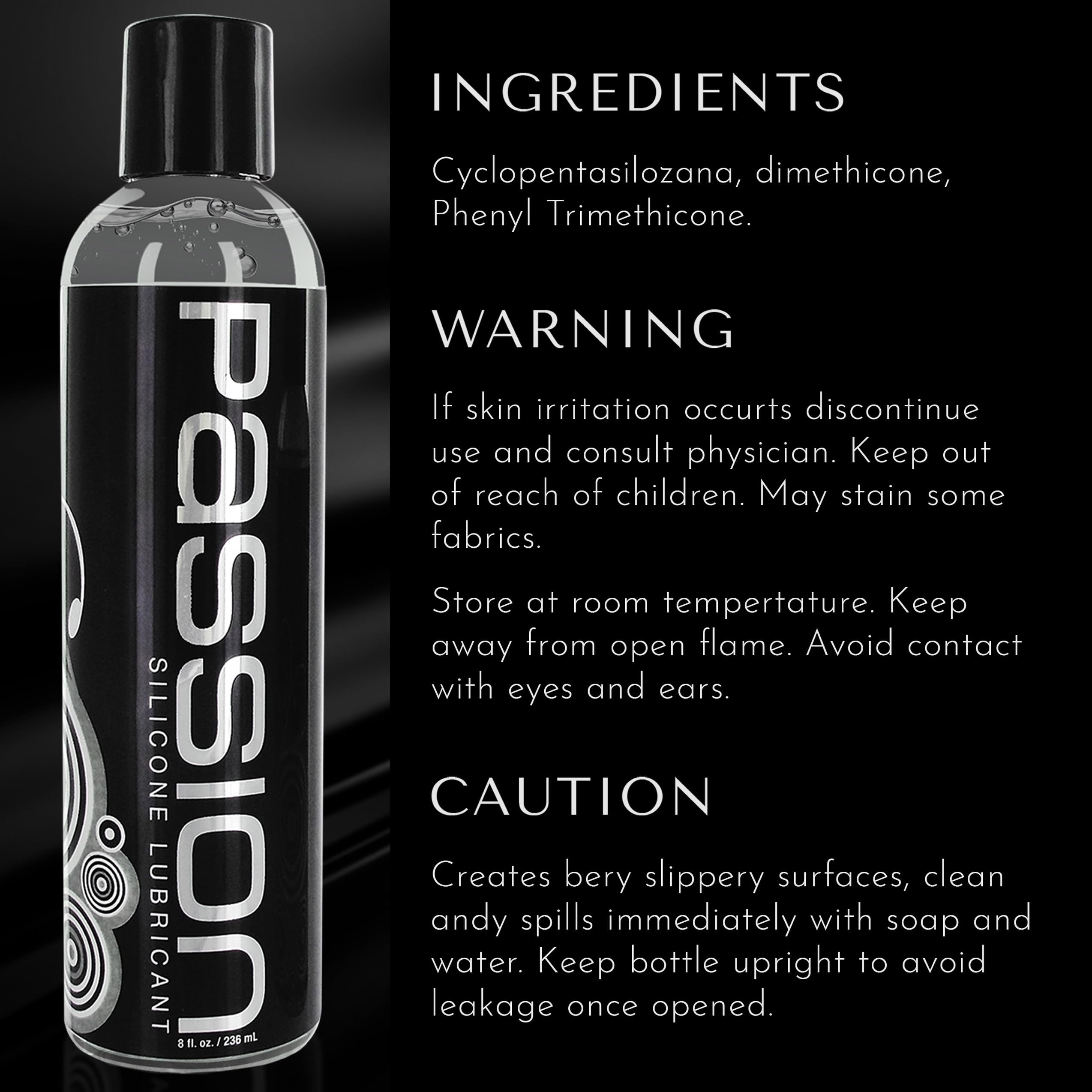 Passion Premium Silicone Lubricant, 2 Fl Oz - Long-Lasting, Non-Sticky Formula, Made in USA, Smooth Application for Comfort