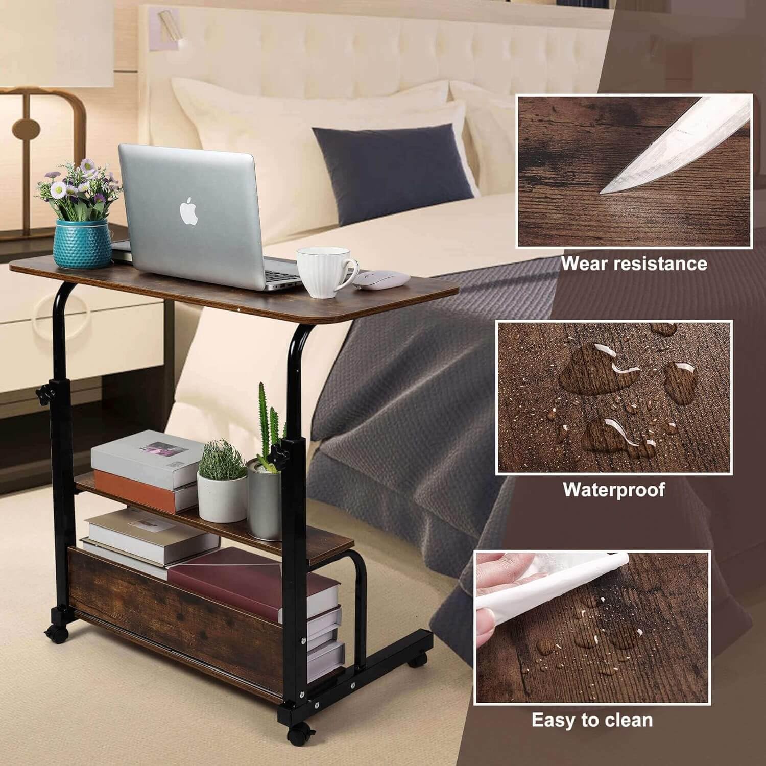 Fuwobriva Adjustable Home Office Computer Desk Writing Desk with Storage Shelves Simple Style Workstation for Home Office Small Spaces Storage Table with Wheels Mobile Convenient Brownish, XY-1