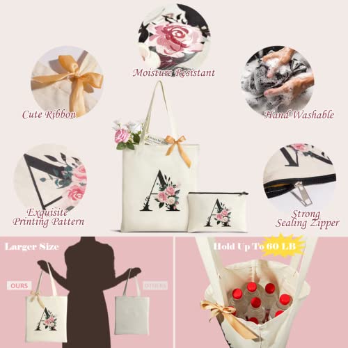 AUNOOL Initial Floral Canvas Tote Bag with 2 Inner Pockets, Personalized Wedding Gift Bag for Women Teacher Bridesmaid Flower, Reusable Shopping Bag for Groceries, Cosmetic Makeup Bag Letter A