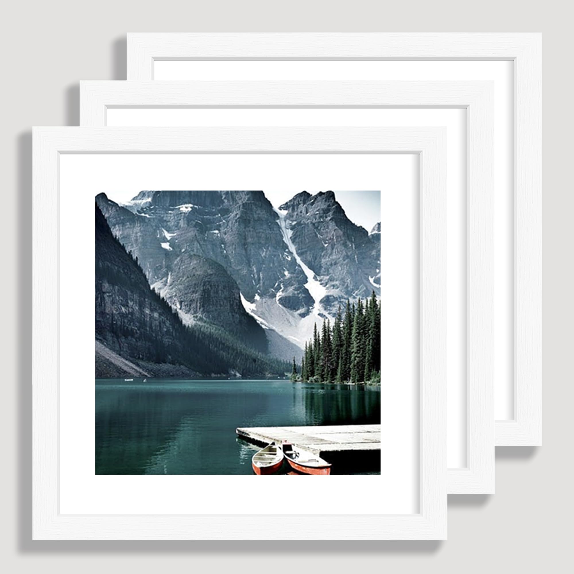 Hongkee 10x10 White Picture Frames set of 3, Made of Wooden and Real Glass Square Photo frame - Displays 8x8 Picture With Mat or 10 x 10 Without Mat, Desktop & Wall Collage Frame set