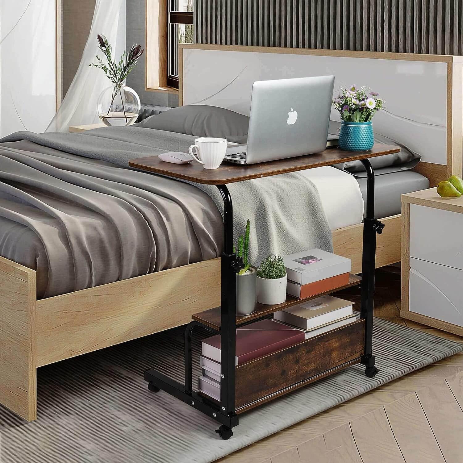 Fuwobriva Adjustable Home Office Computer Desk Writing Desk with Storage Shelves Simple Style Workstation for Home Office Small Spaces Storage Table with Wheels Mobile Convenient Brownish, XY-1
