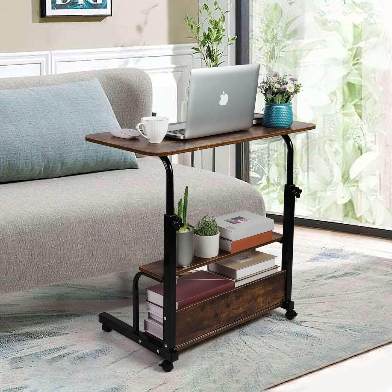Fuwobriva Adjustable Home Office Computer Desk Writing Desk with Storage Shelves Simple Style Workstation for Home Office Small Spaces Storage Table with Wheels Mobile Convenient Brownish, XY-1