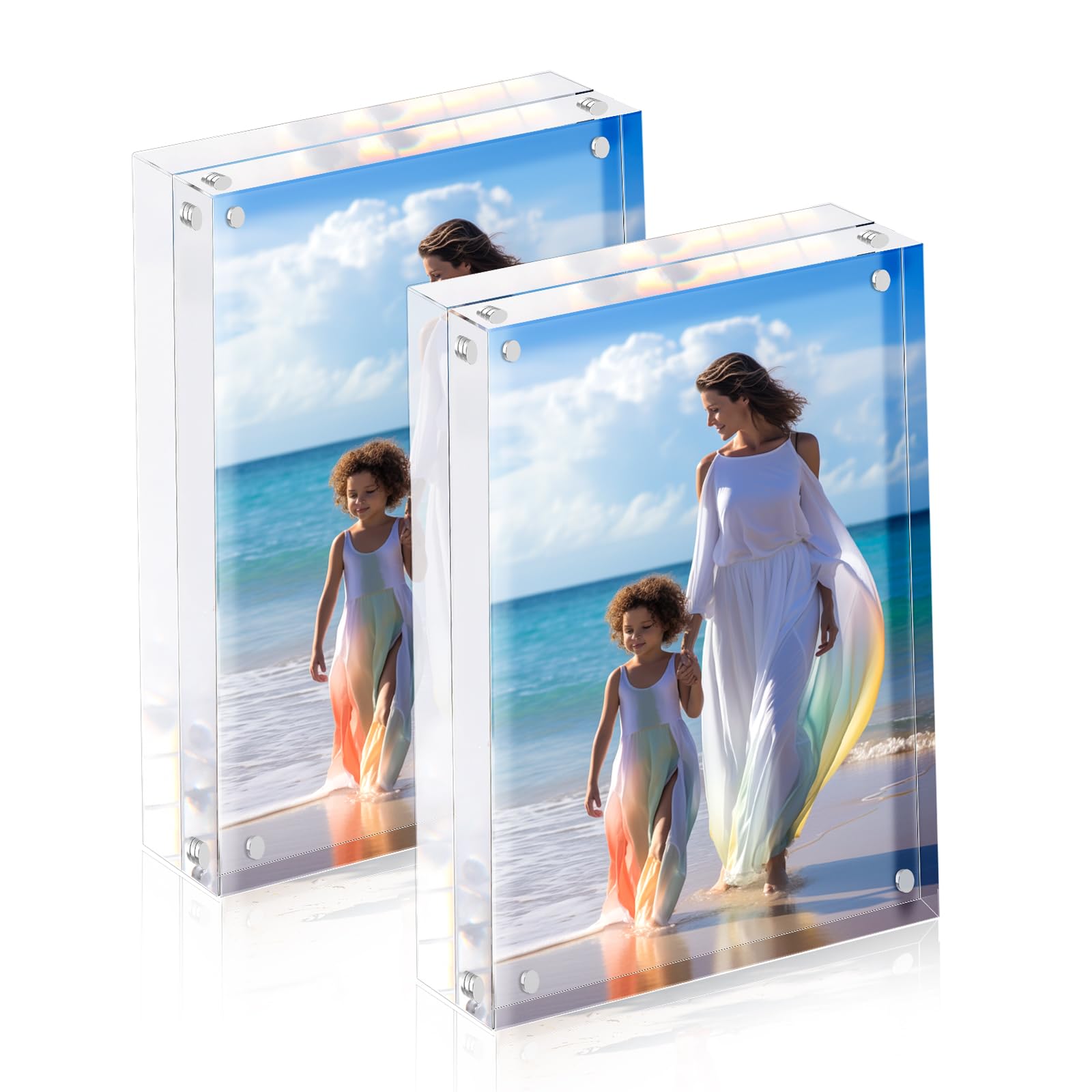 HappyHapi 2 Pack 4x6 Picture Frame, 20mm Thickness Magnetic Picture Frame Clear Acrylic Double Sided Frames for Desk Desktop Photo Display