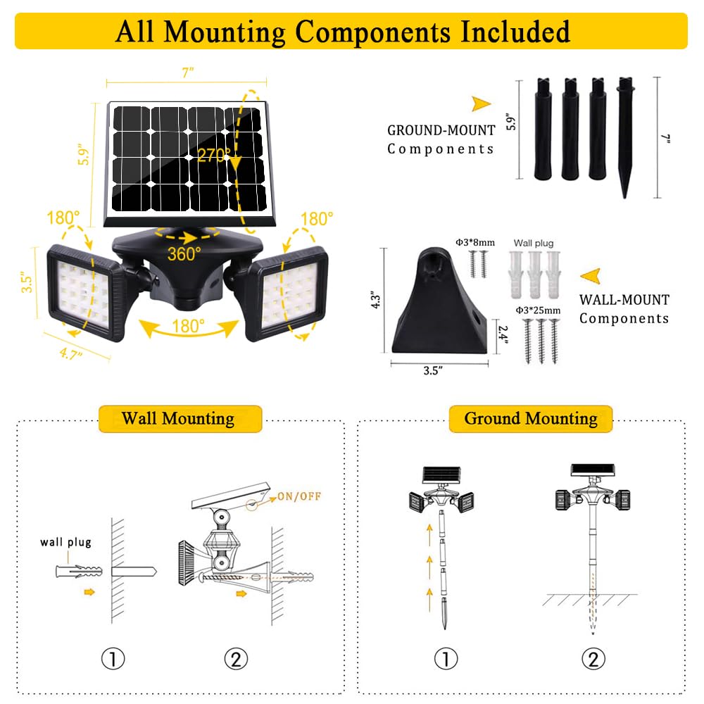 EMANER Outdoor Solar Lights with Motion Detector, 2-in-1 Solar Flood Light, 6000K Waterproof, Dusk to Dawn Cordless Security Light, Solar Powered Landscape Light for Yard, Garden, Porch, 2-Pack