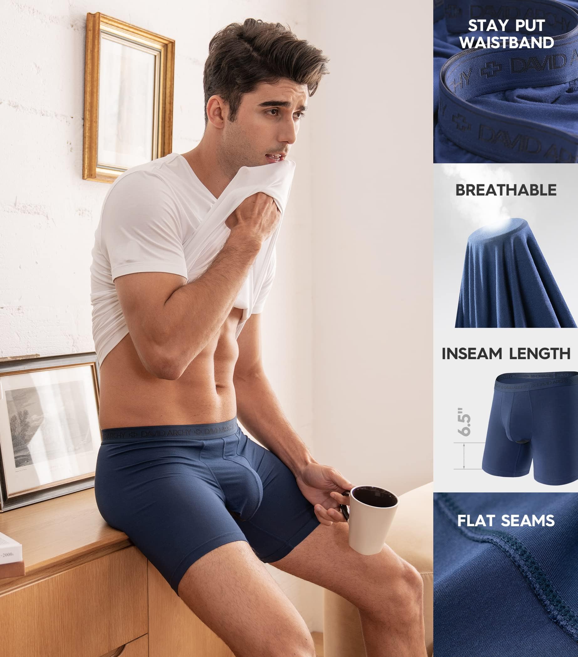 DAVID ARCHY Men's Underwear Micro Modal Dual Pouch Trunks Support Ball Pouch Bulge Enhancing Boxer Briefs for Men 3 or 4 Pack(XL,Black/Dark Gray/Navy Blue)
