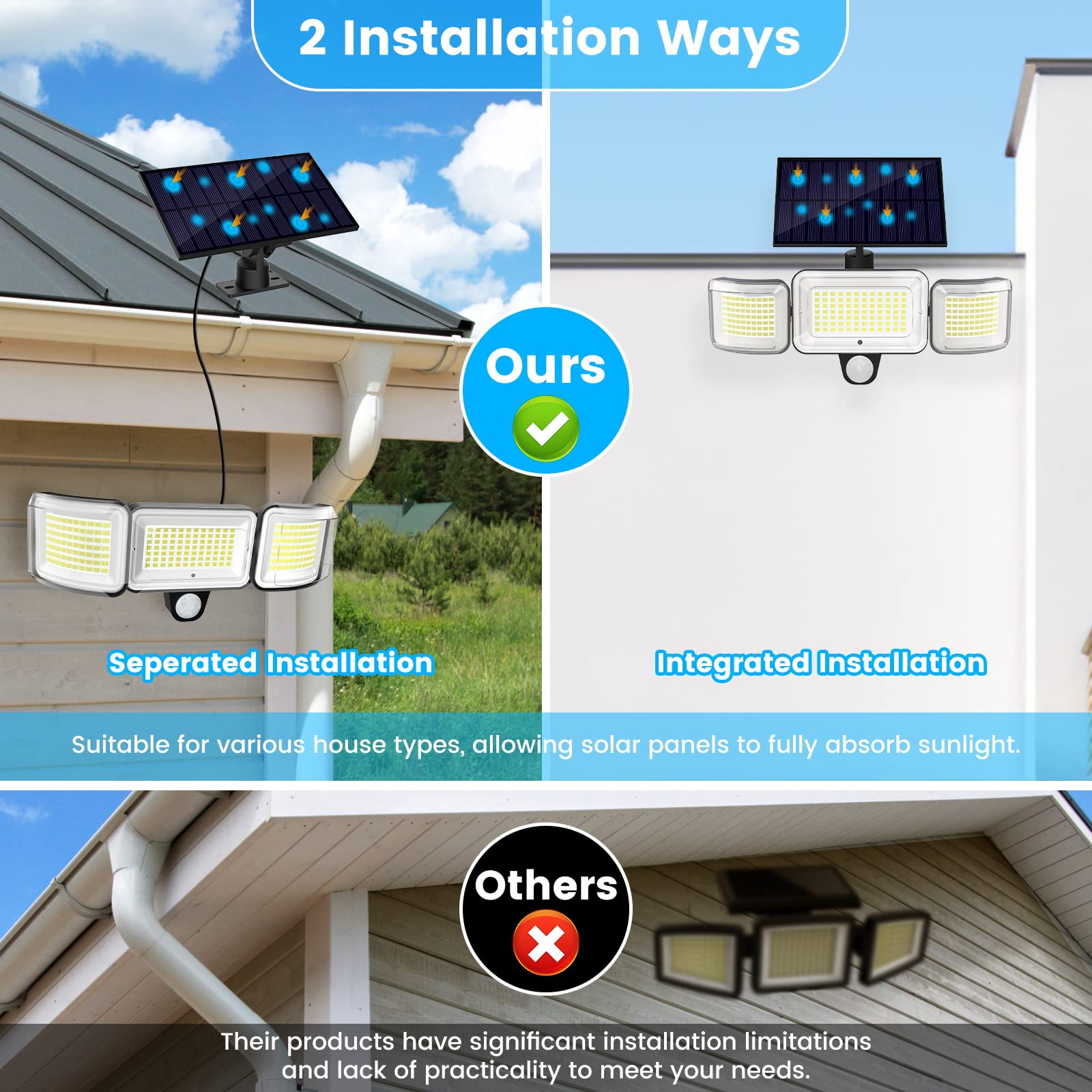 Adiding Solar Outdoor Lights, 3 Heads 3500LM LED Flood Light with 16.4 Ft Cable, 4 Modes Motion Sensor Solar Lights for Outside with Remote, Solar Powered Security Lights for Patio,Yard,Garage, 2 Pack
