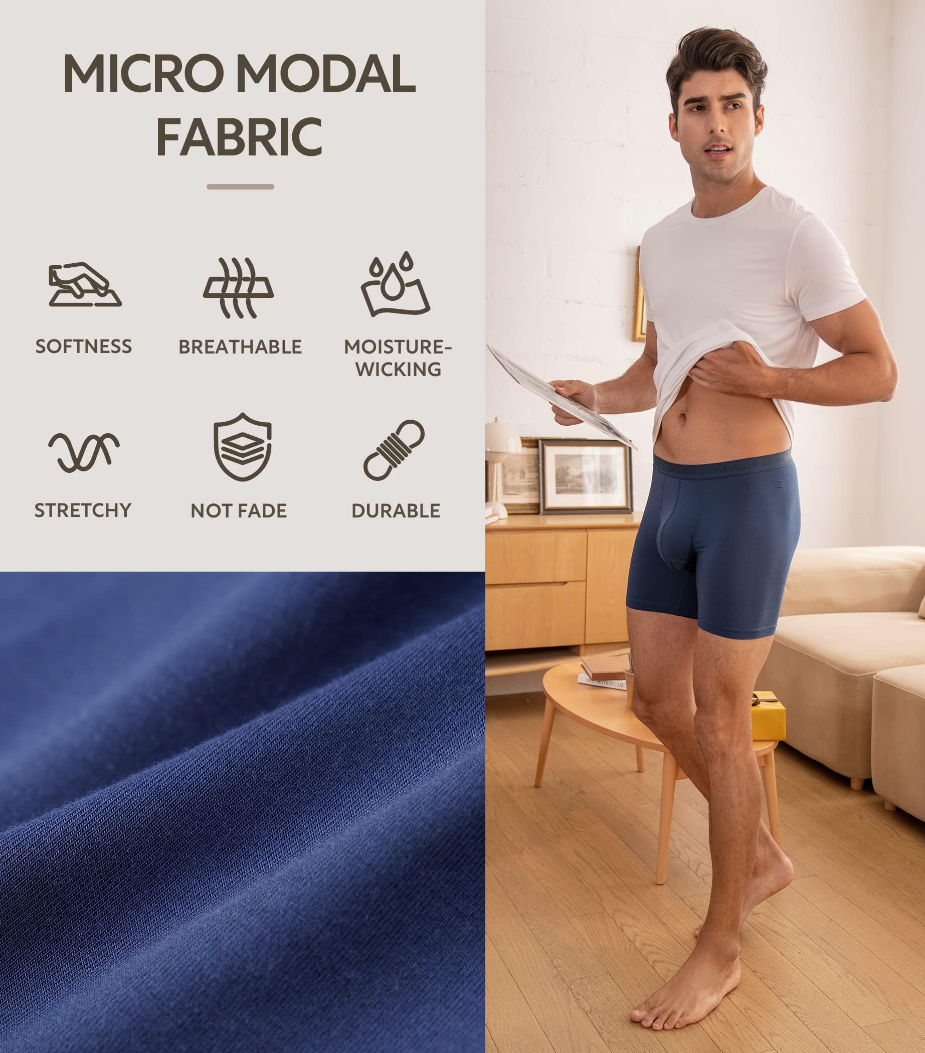 DAVID ARCHY Men's Underwear Micro Modal Dual Pouch Trunks Support Ball Pouch Bulge Enhancing Boxer Briefs for Men 3 or 4 Pack(XL,Black/Dark Gray/Navy Blue)