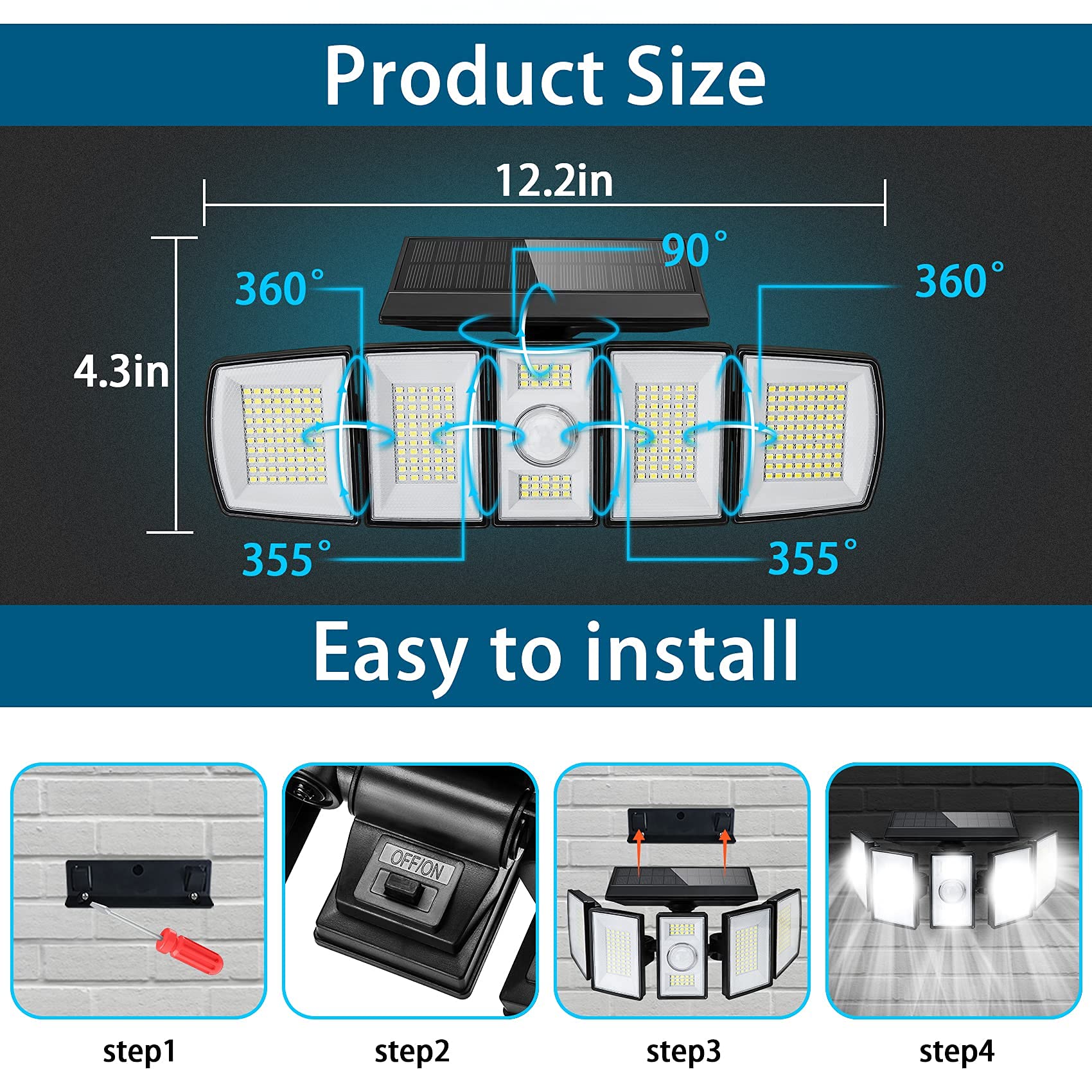 JRRZETA Solar Lights Outdoor 300 LED 7500K Motion Sensor Lights, 5-Head Solar Flood Lights for Outdoor Security, IP65 Waterproof, 360° Wide Angle Wall Lights for Patio, Yard, Garden (2 Packs)