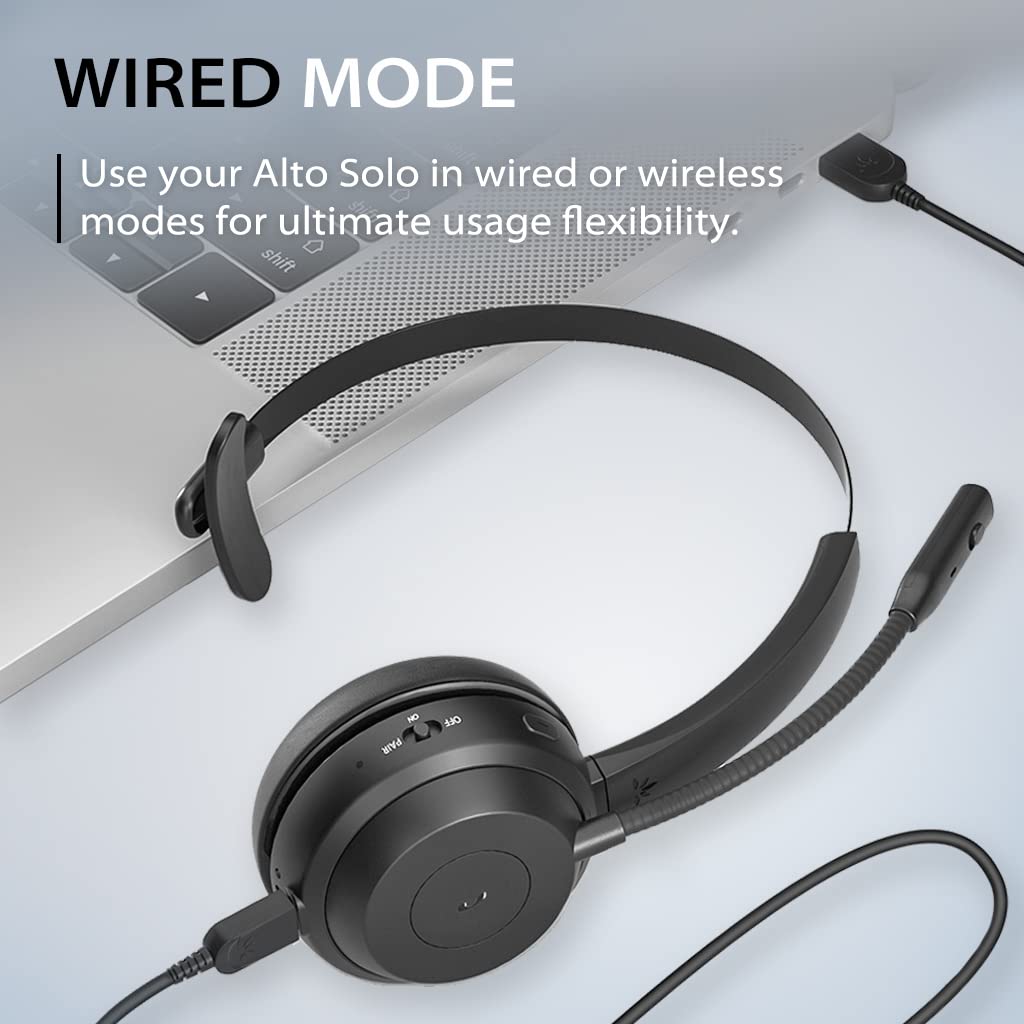 Avantalk Alto Solo - Wireless Headset with Mic for Work with Qualcomm Bluetooth Solution, CVC Noise-Canceling for PC, Computer & Laptop, Charging Stand, Mute Button, Wired Headphones Option