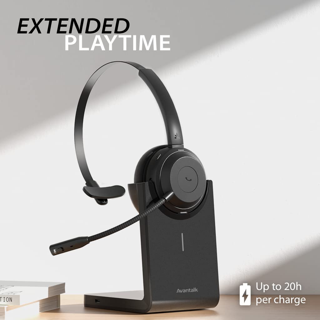 Avantalk Alto Solo - Wireless Headset with Mic for Work with Qualcomm Bluetooth Solution, CVC Noise-Canceling for PC, Computer & Laptop, Charging Stand, Mute Button, Wired Headphones Option