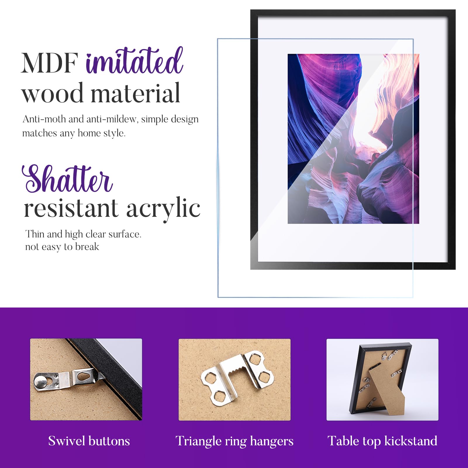 TWING 11x14 Picture Frames Set of 6, Gallery Wall Frame Set Display Photo 8 x 10 with Mat or 11 x 14without Mat Black Composite Wood Wall Mounting, Ideal Valentine Gifts for Him/Her