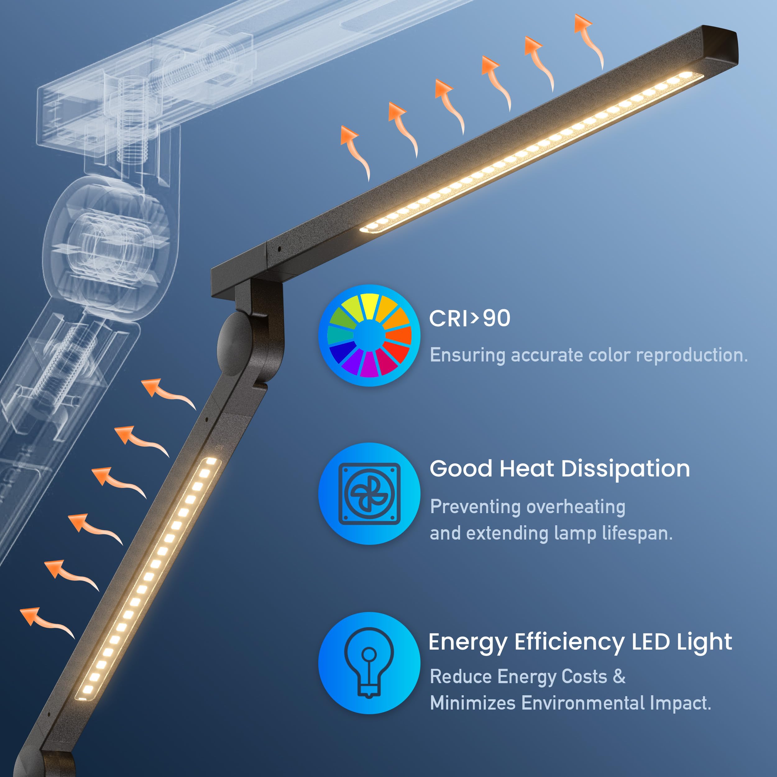 AmazLit Desk Lamp, Desk Light with Clamp, Stepless Dimming & Adjustable Color Temperature Modern Eye-Caring Architect Lamp with Memory & Timing Function for Study, Work, Home, Office, 15W