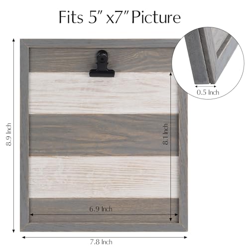 PETAFLOP Wooden Clip Picture Frame 5x7 Rustic, Handmade Farmhouse 5 by 7 Frame, Home Gallery Tabletop Decor for Display Photo Memo Artwork, Distressed White and Gray Strips